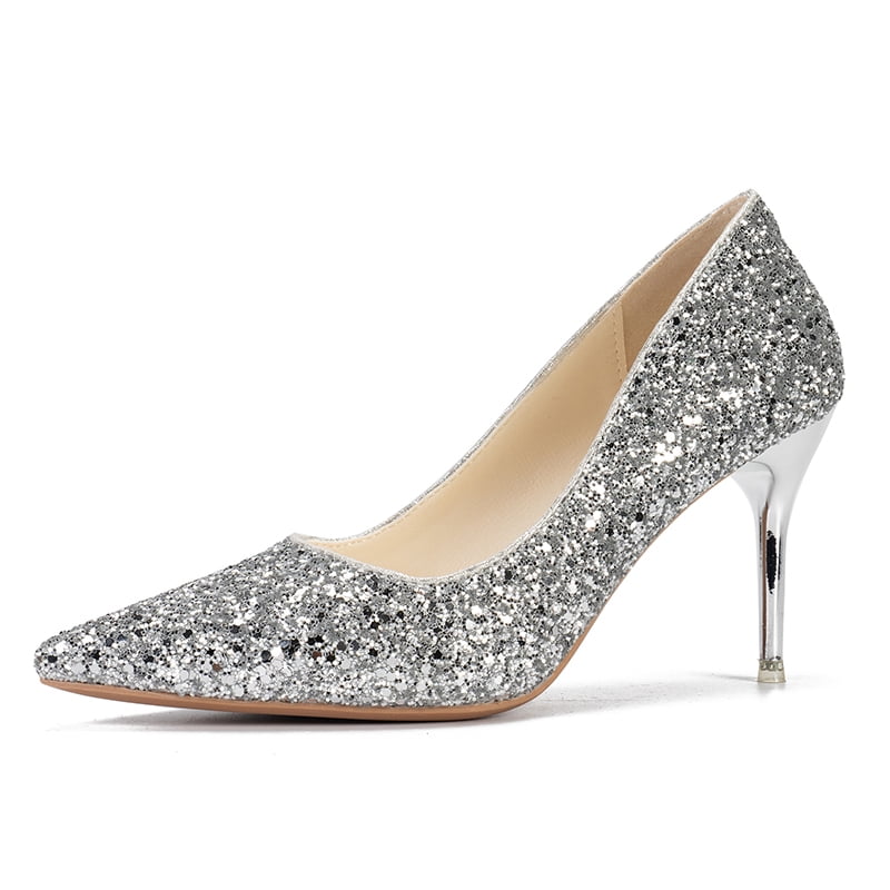 Women‘s Sequins Pointed Toe High Heels Glitter Slip On Wedding High ...