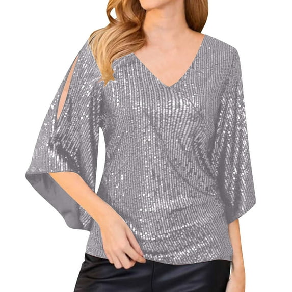 Women's Sequins Tops V Neck T-Shirt 3/4 Sleeve Hollow Out Shirts Bell ...