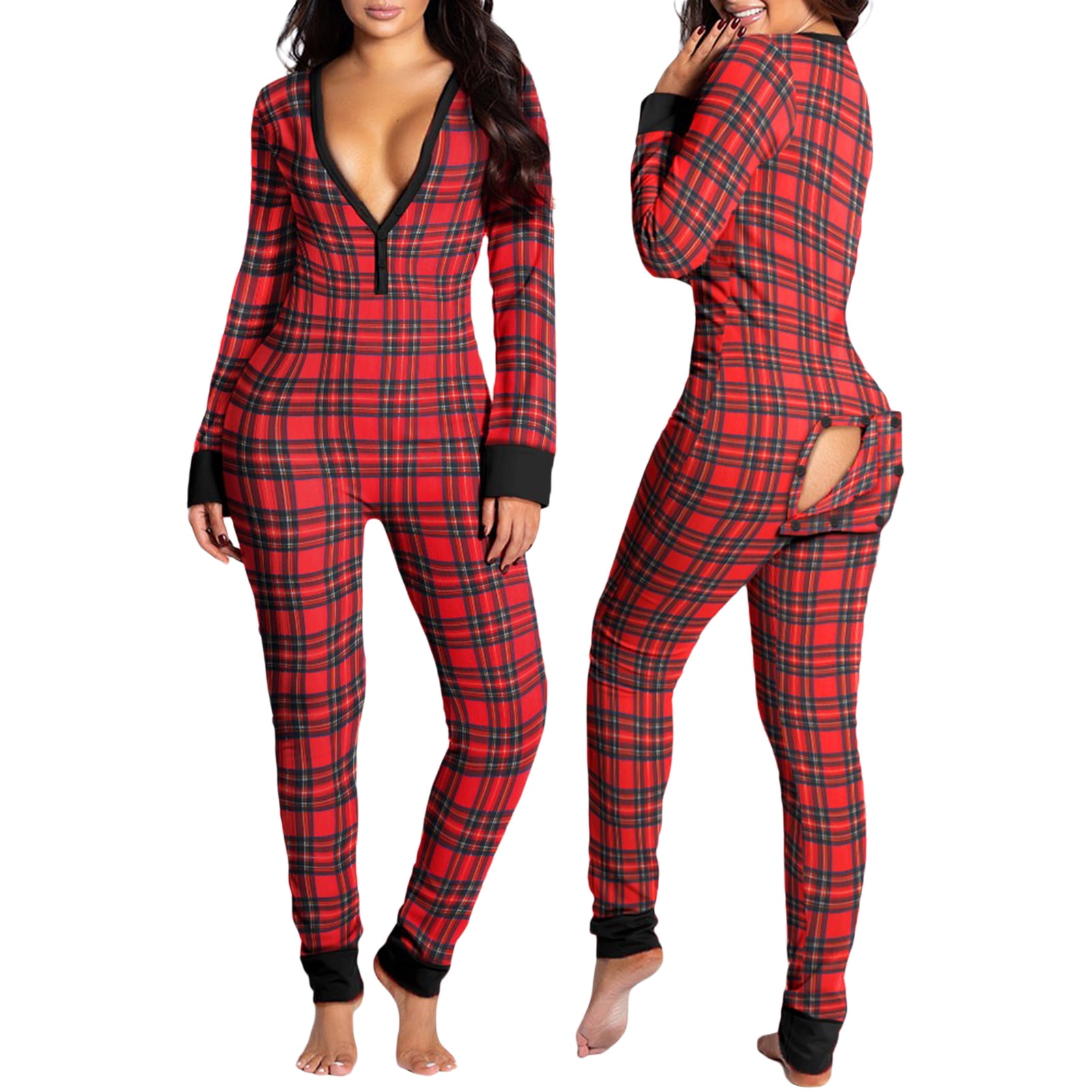 Womens Sexy Butt Button Back Flap Onesies Christmas Pajamas V Neck