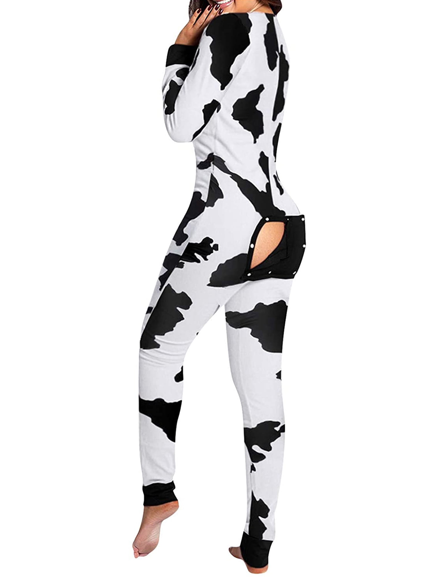 Women's Sexy Butt Button Back Flap Pjs Jumpsuit Sleepwear V Neck Long ...