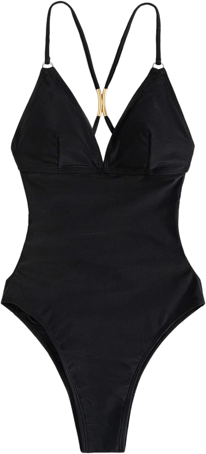 Women's Sexy Criss Cross Backless One Piece Swimsuit Deep V Neck ...