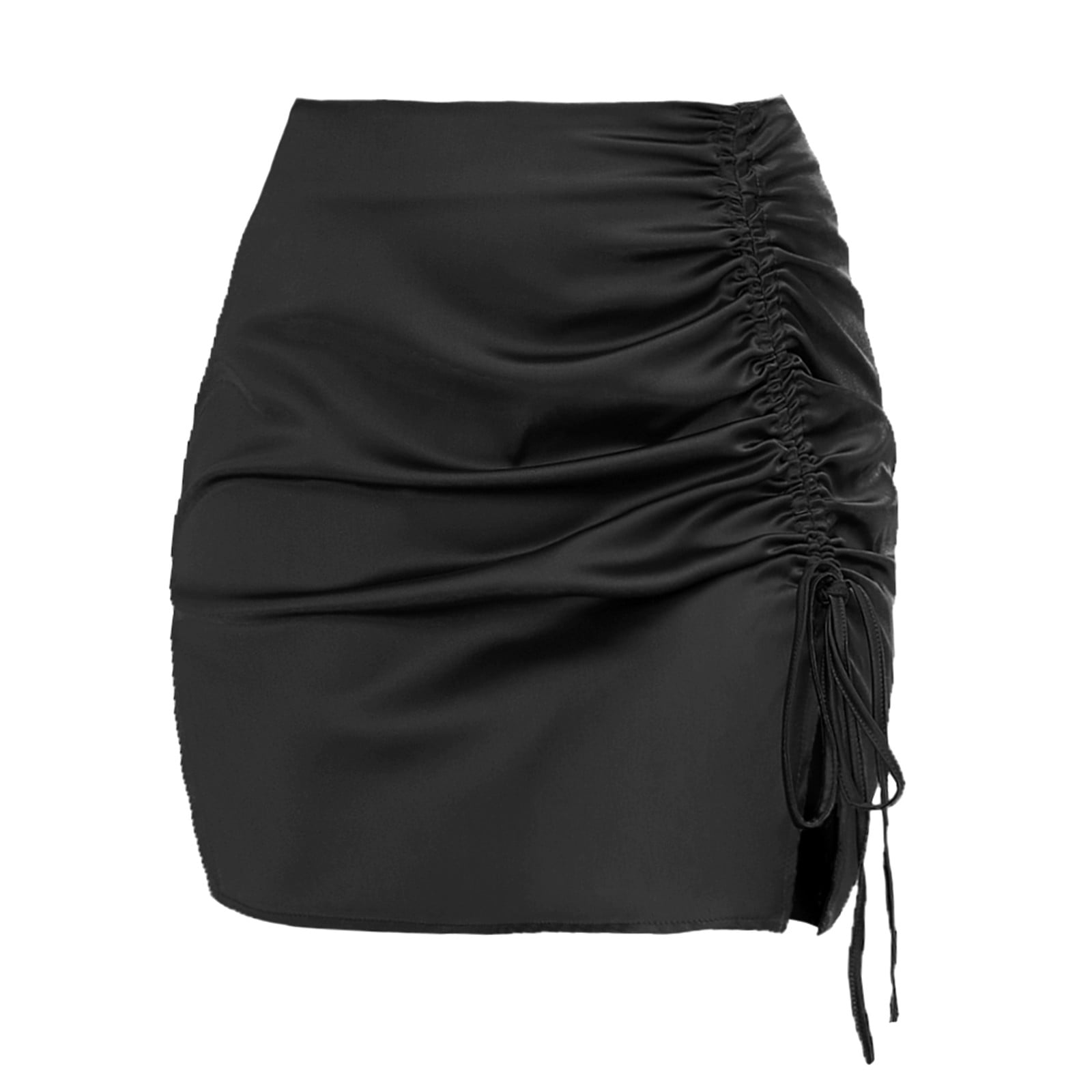 BLVB Women's High Waist Mini Pencil Skirt with Side Slit, Drawstring ...