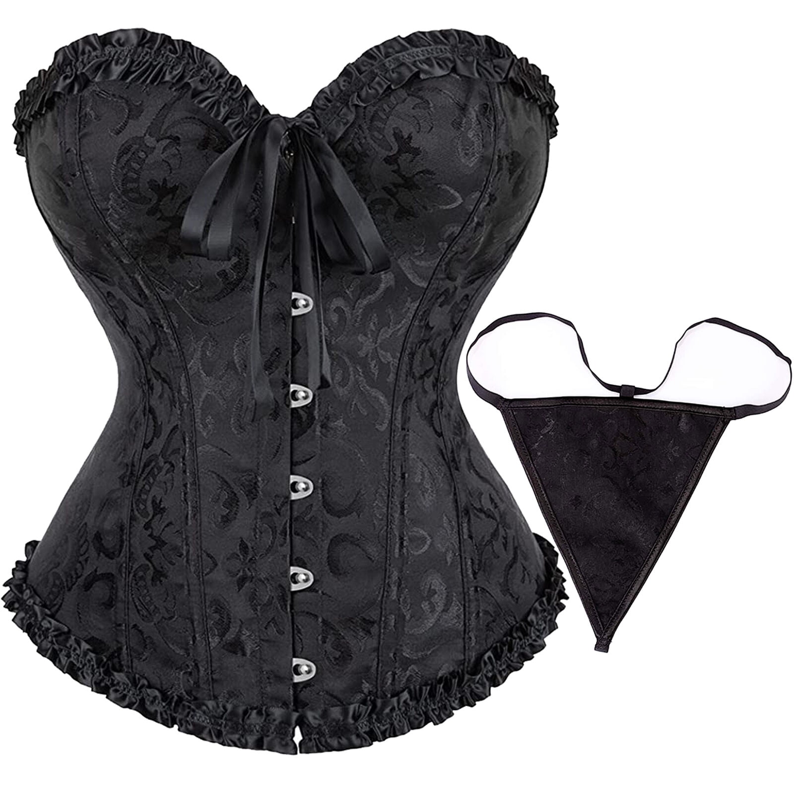 Womens Sexy Lacing Corset Top Satin Floral Boned Overbust Body Shaper