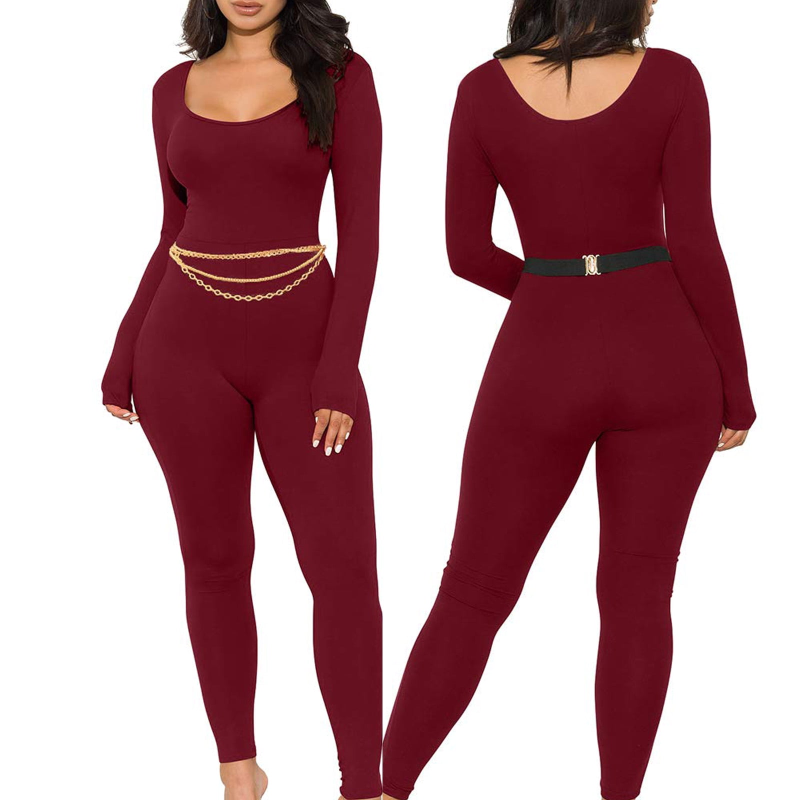 Women's Sexy Long Sleeve Bodycon Solid Outfits Club Rompers Jumpsuits ...