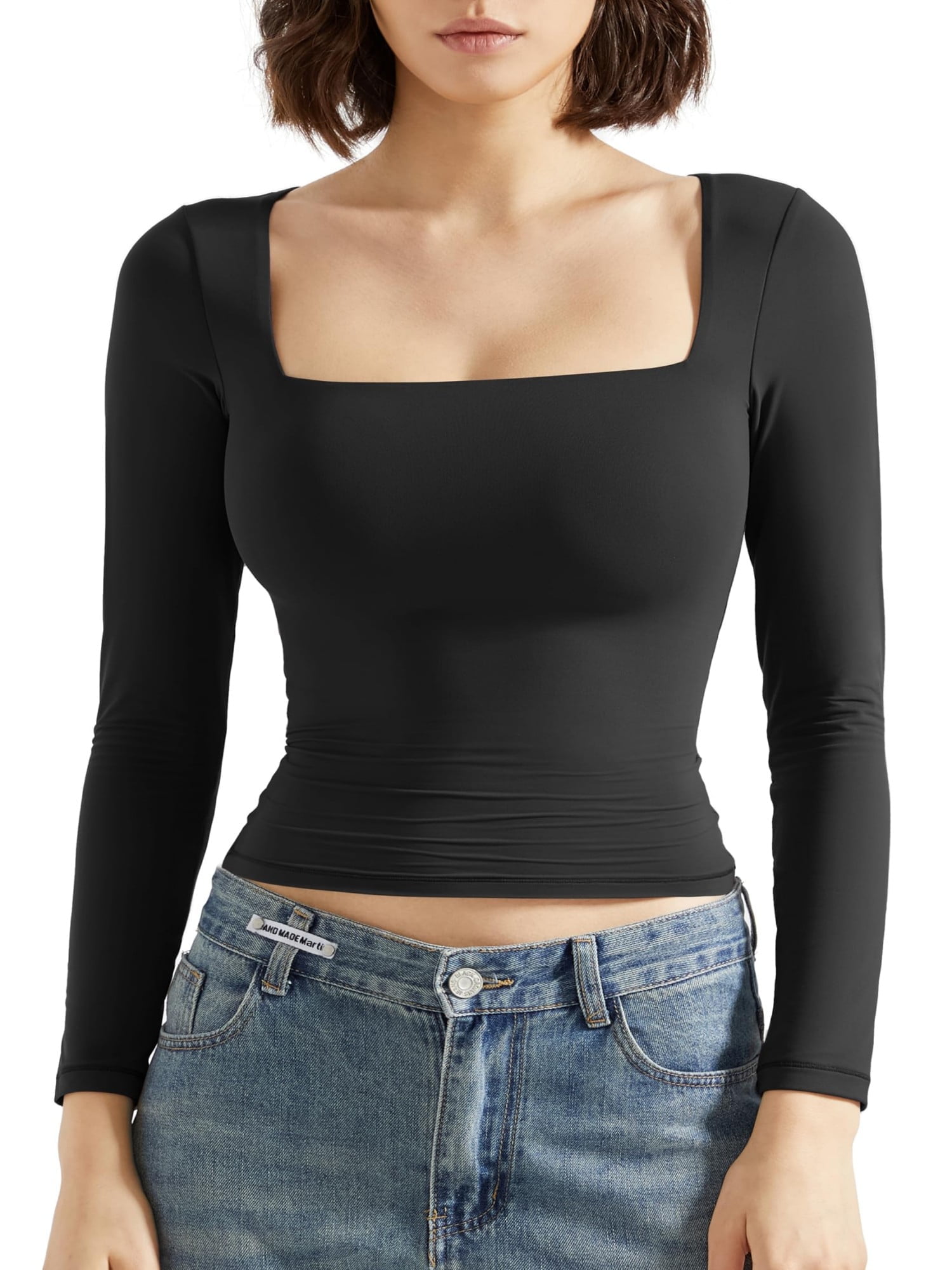 Women's Sexy Long Sleeve Crop Top Square Neck Basic Slim Fit T-Shirt - Walmart.com