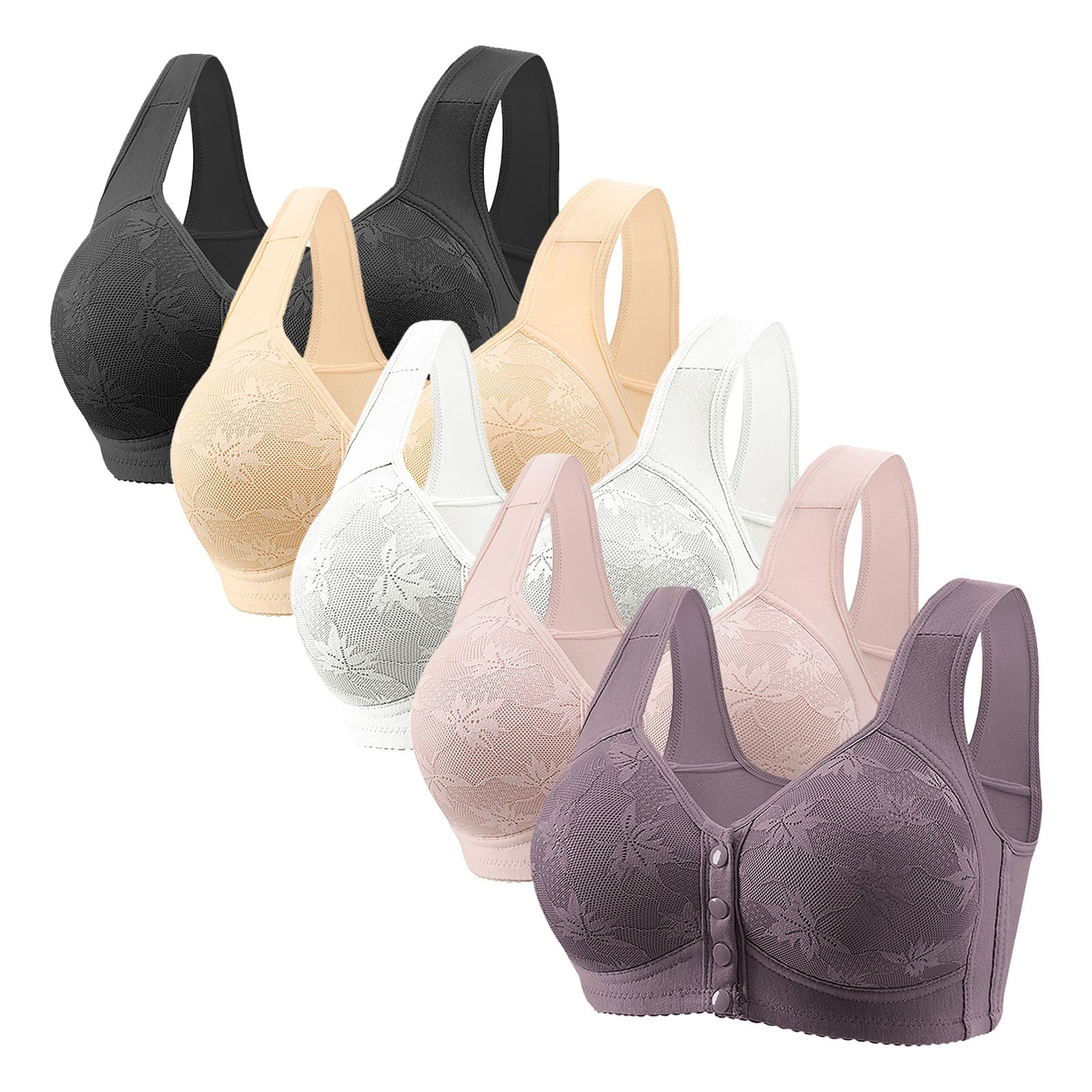 BLTIBY 5PC Front Close Wireless Bras for Women, Seamless Lace Printed ...