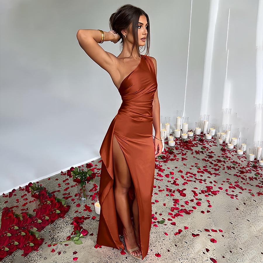 Women's Sexy One Shoulder Satin High Split Cocktail Wedding Party Maxi Dress Burnt Orange L ...