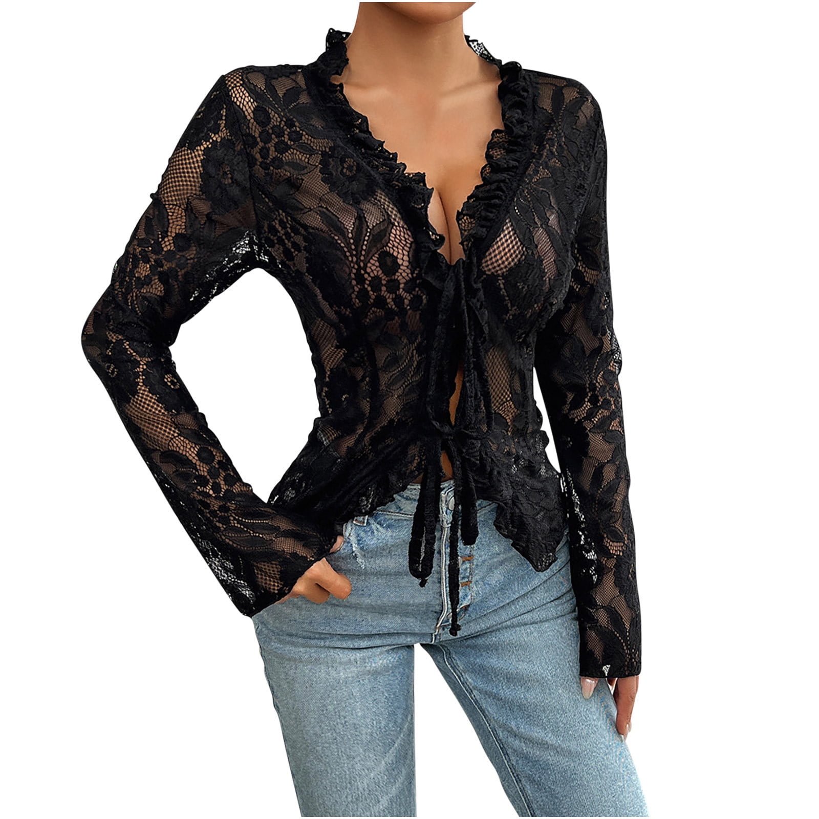 Women's Sexy Open Front Tie Long Sleeve Ruffle Trim Sheer Mesh Lace Crop Tops See Through ...