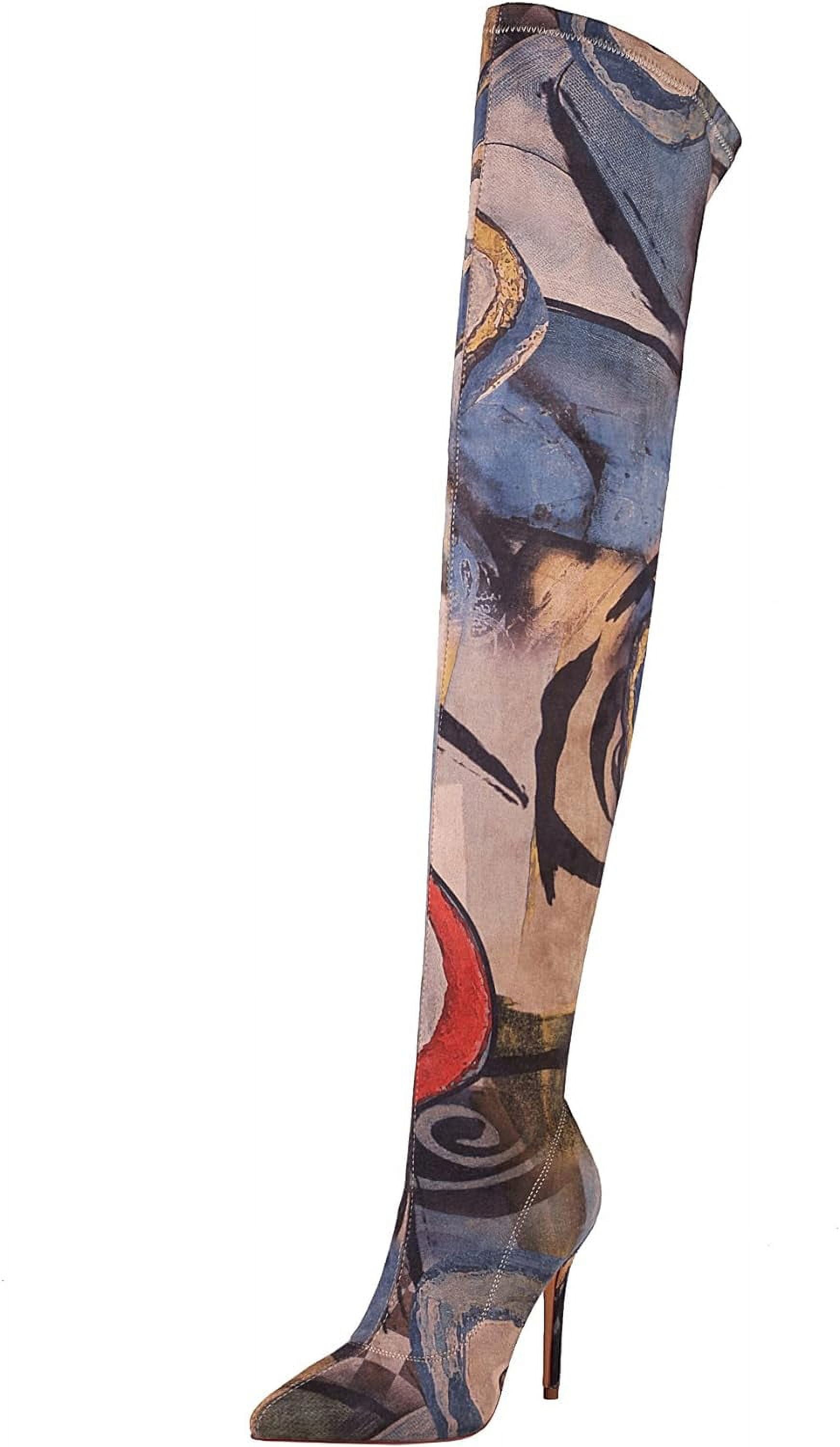 Women's Sexy Printed Stretchy Thigh High Boots Pointy Toe Stiletto Heel ...