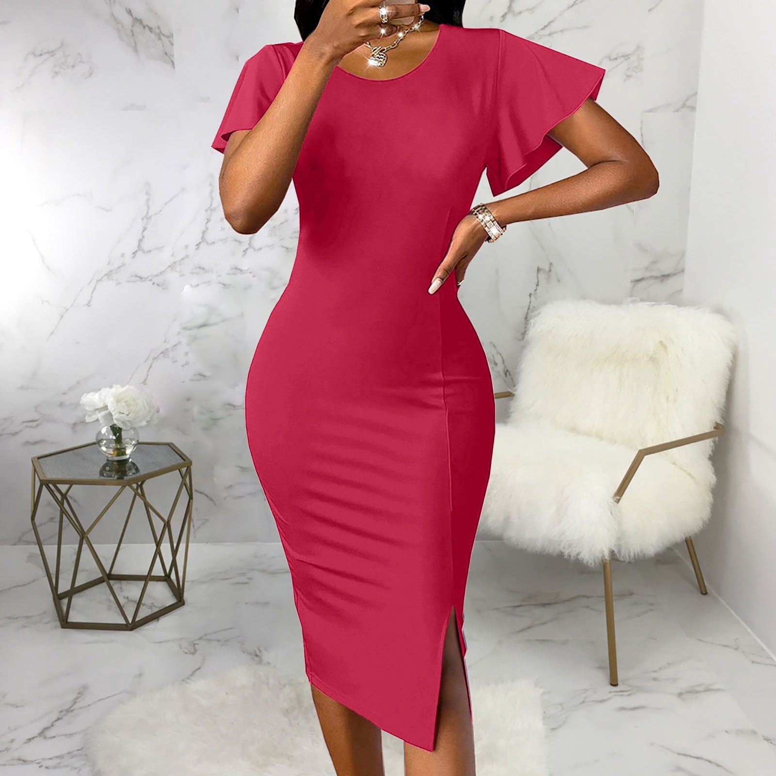 Women's Sexy Ruffle Sleeves Dress Deep Party Midi Pencil Dress Features ...