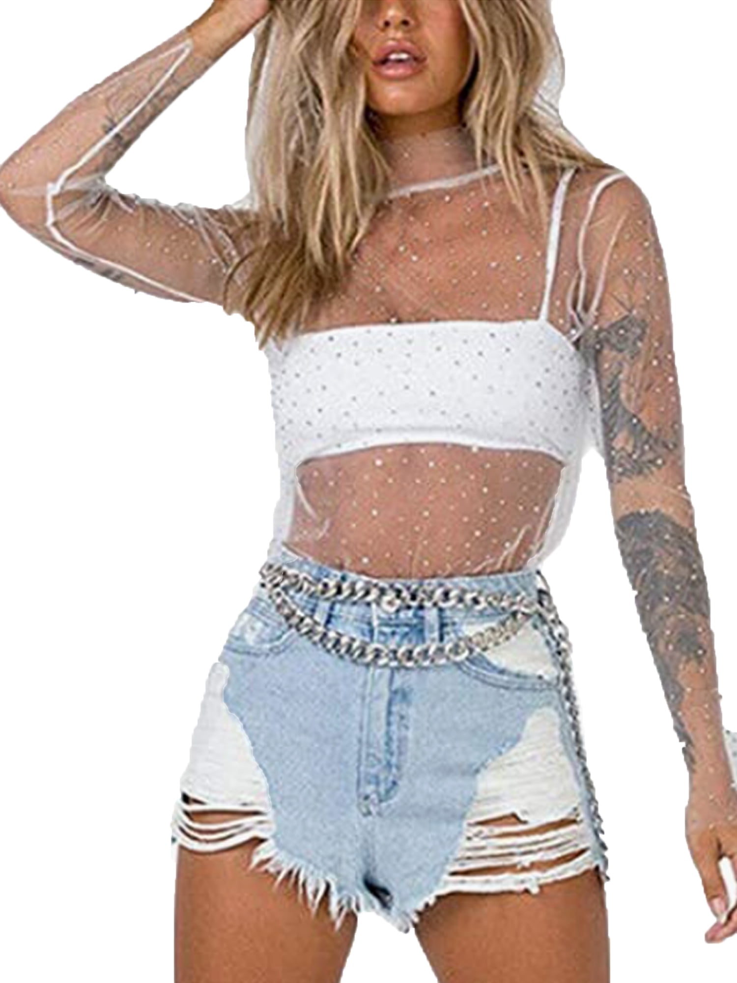 Womens Sexy See Through Shirts Mesh Sheer Glitter Sequin Tops Long