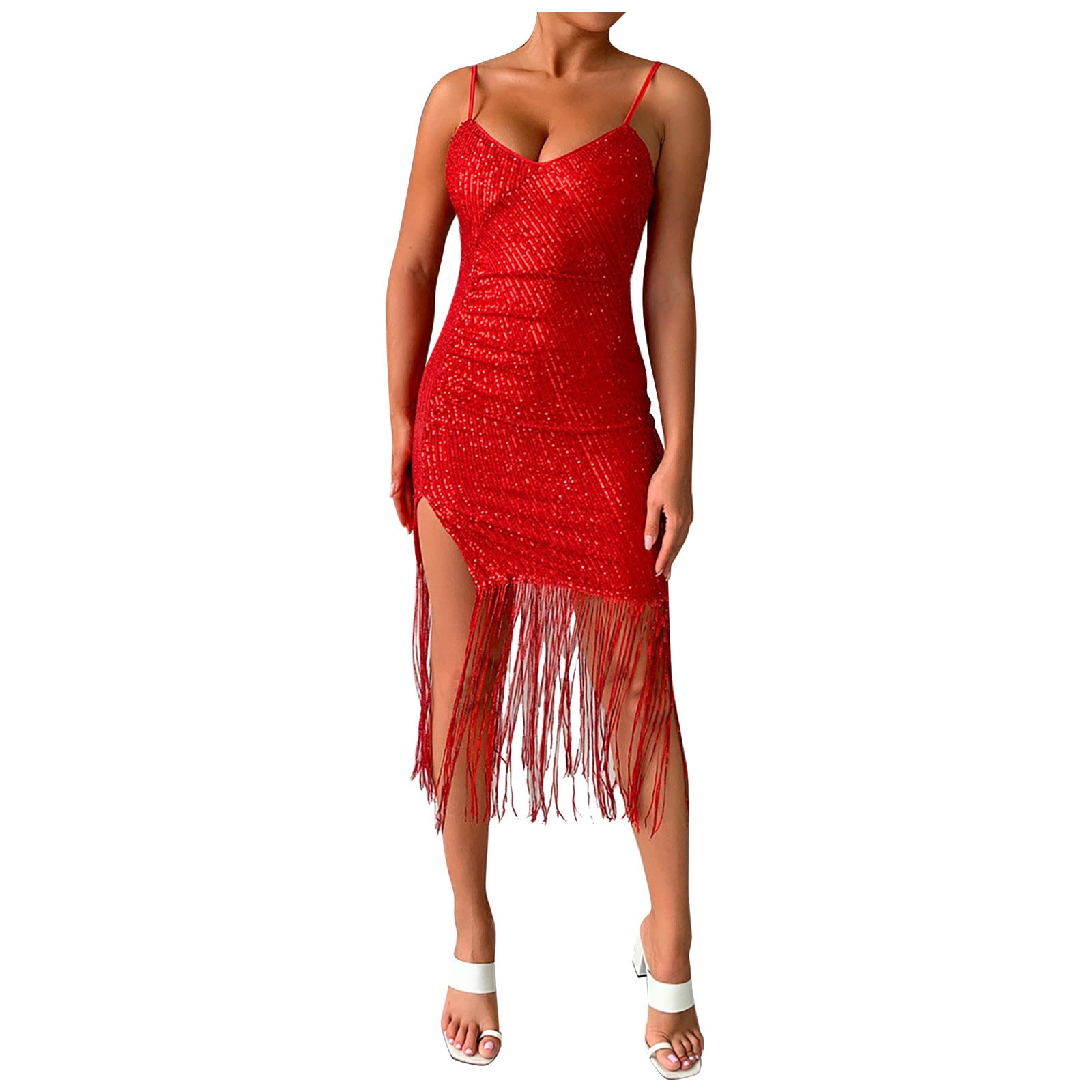 Gaqlive Womens Sexy Sequin V Neck Tassel Suspender Dress High End Slim