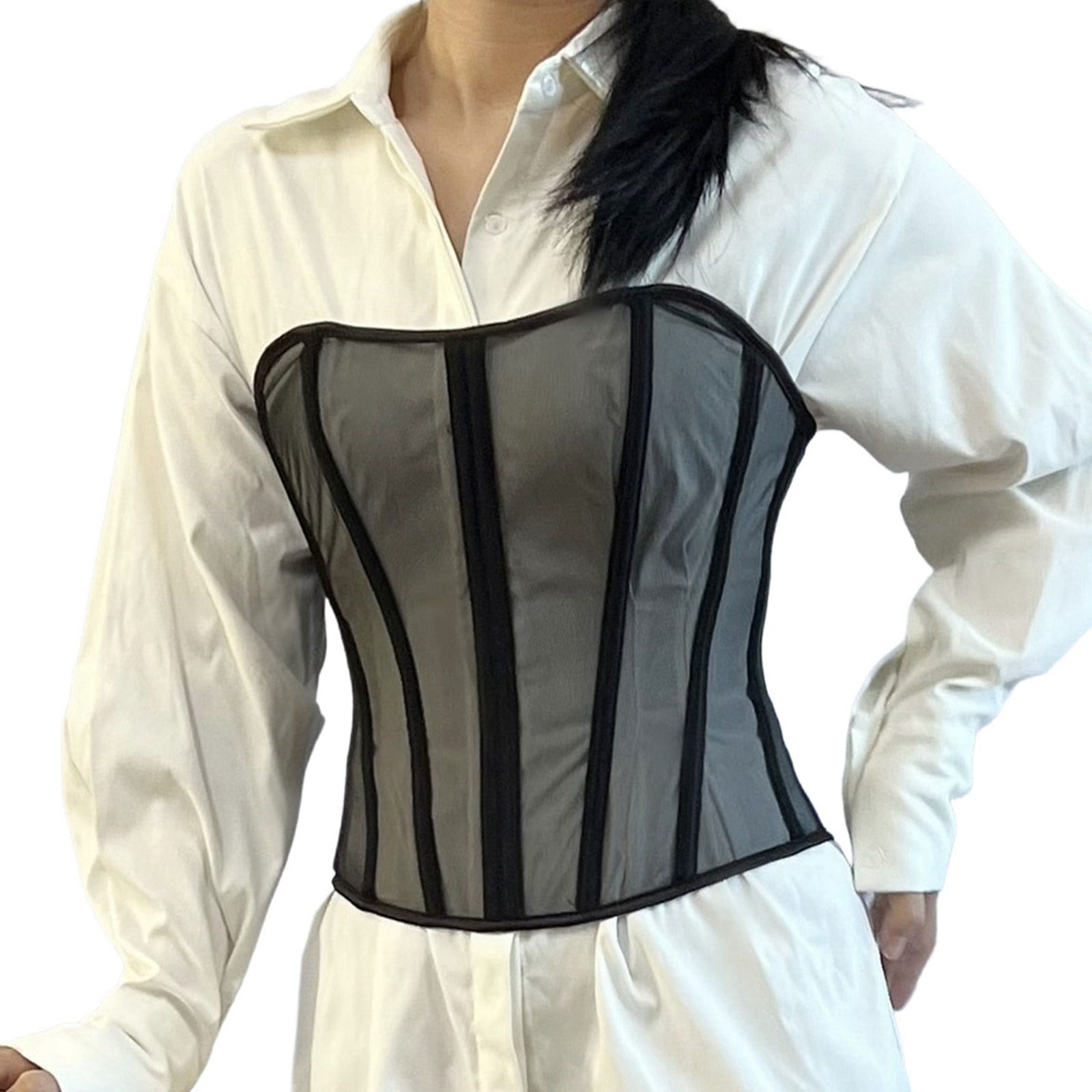 Women's Sexy Sheer Mesh Lace Up Corset Bustier Top Shapewear Corset ...