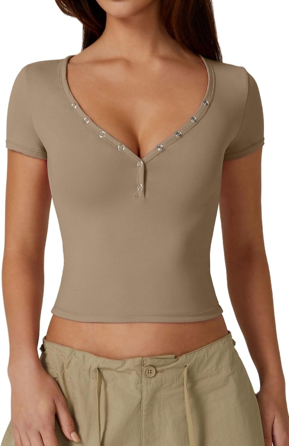 Womens Sexy Short Sleeve Henley T Shirts Double Lined Button Up Slim