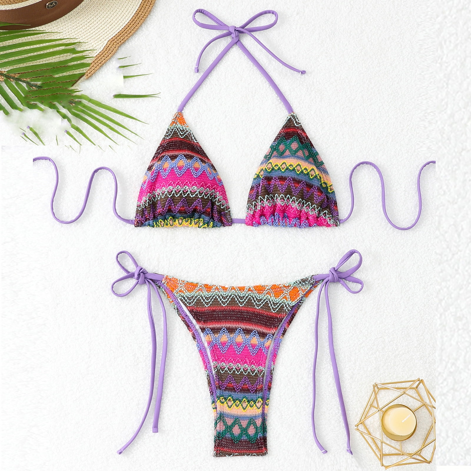 Women's Sexy Solid Color Knitted Frenulum Bikini Split Swimsuit ...