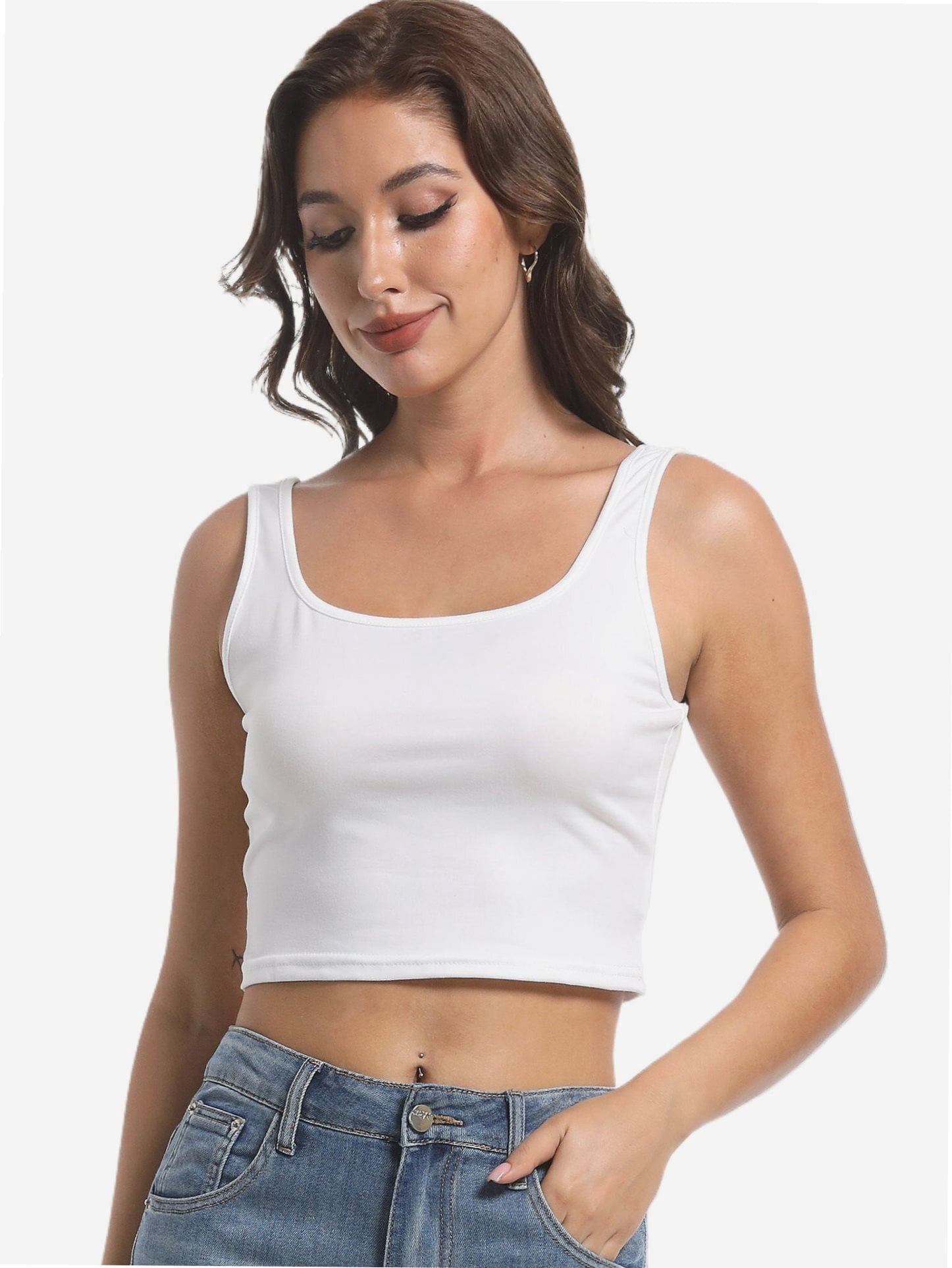 Women’s Sexy Square Neck Double Lined Seamless Sleeveless Cropped Tank ...