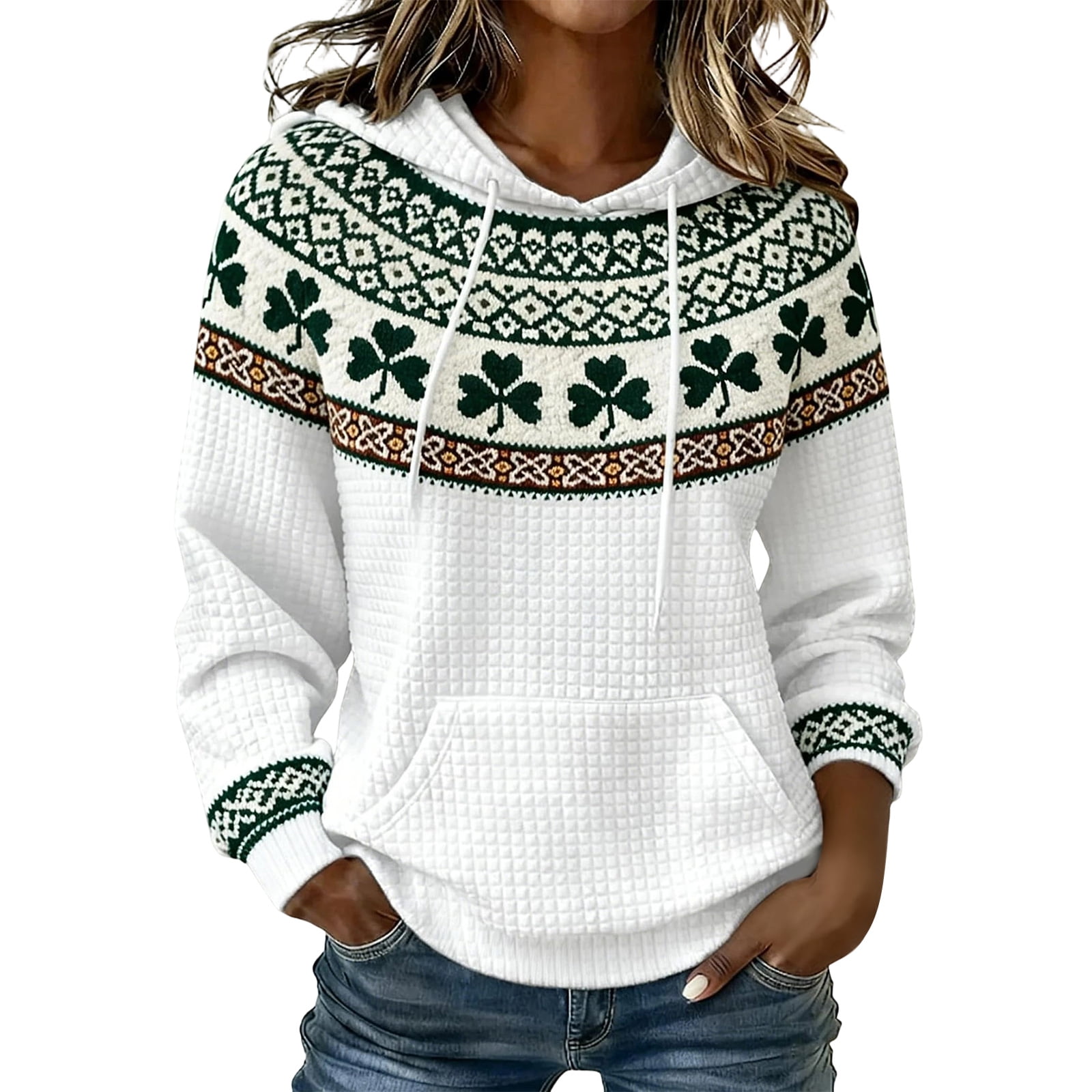 Women’s Shamrock Print St. Patrick’s Day Hoodie, Waffle Knit Long ...