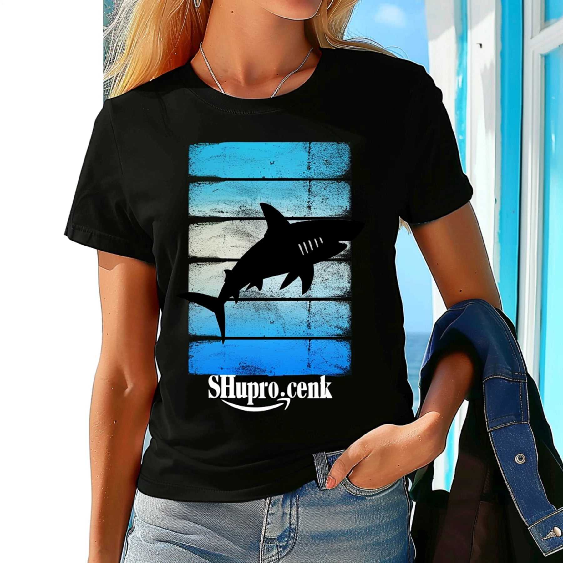 Women's Shark Graphic Tee Stylish Black T Shirt with Shark Print Trendy ...
