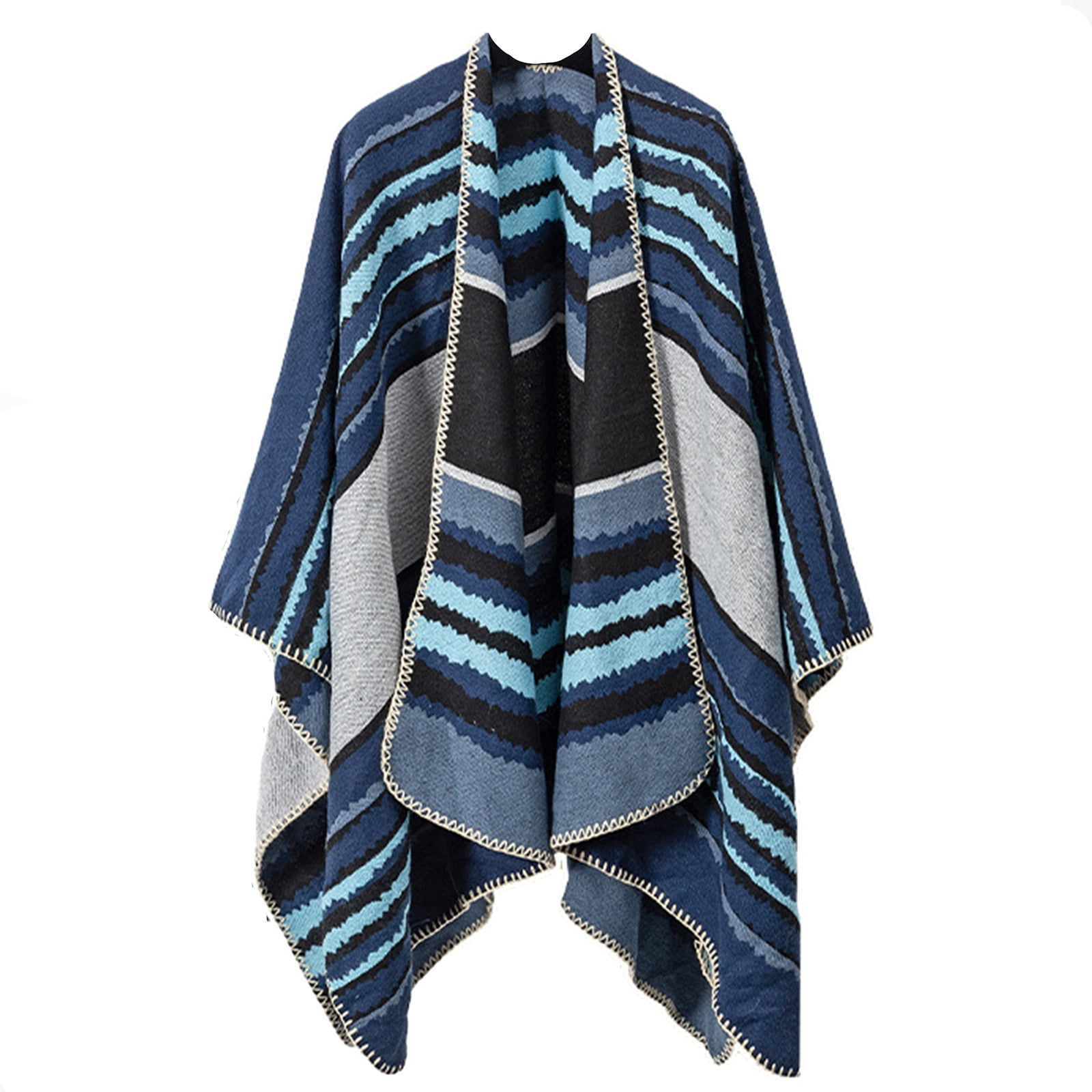 Women's Shawl Wrap Boho Stripped Open Front Retro Poncho Cape for Fall ...