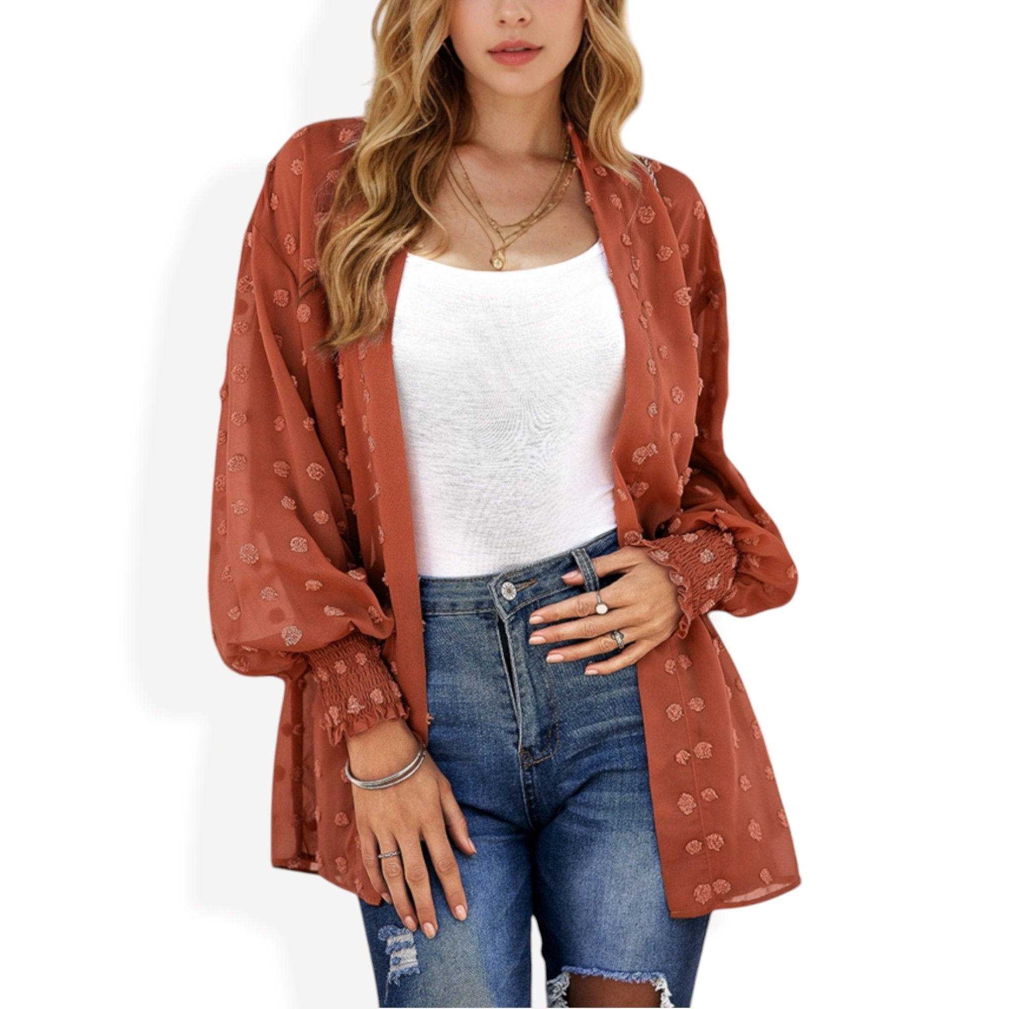 Women's Sheer Chiffon Duster with Textured Floral Design - Large, Beige ...