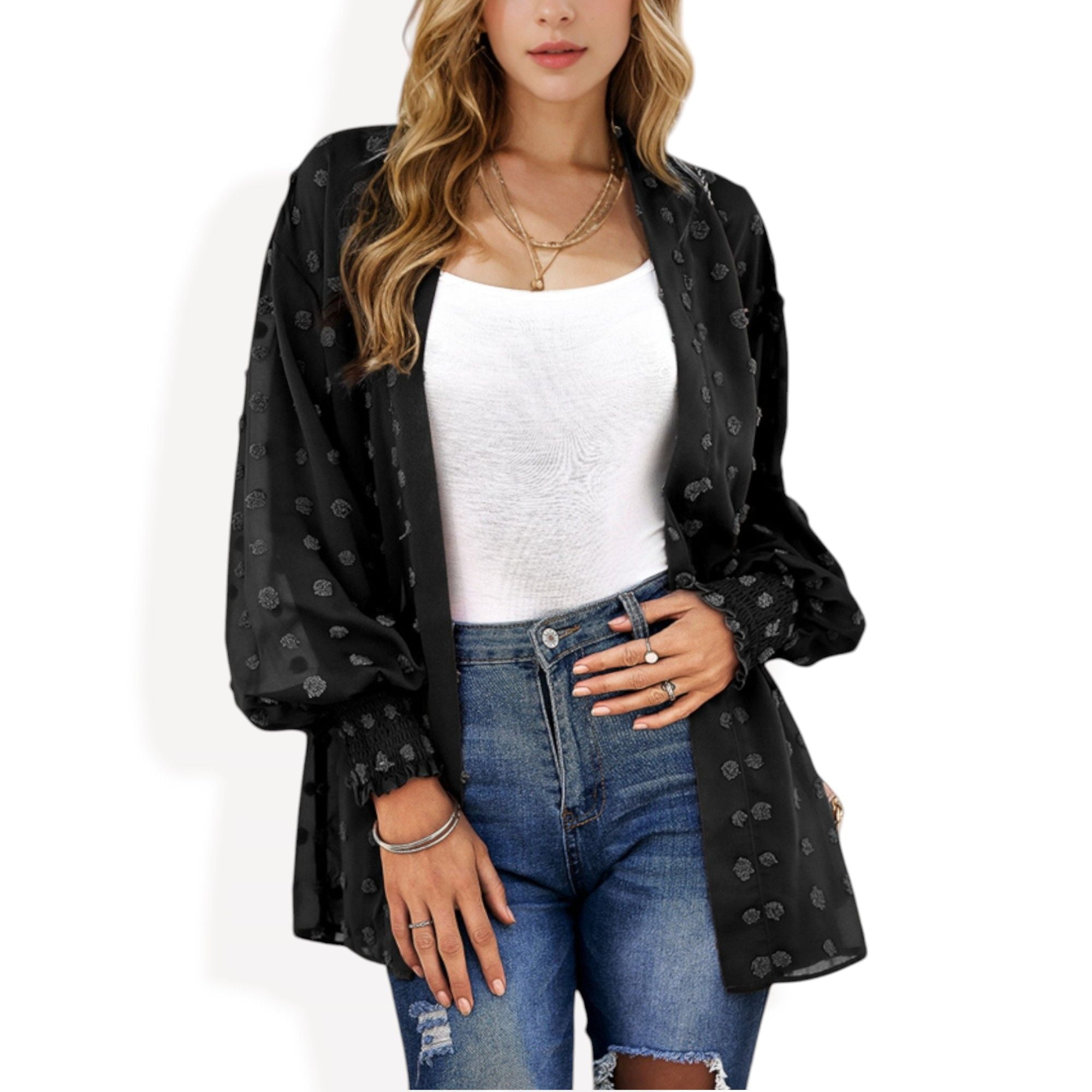 Women's Sheer Chiffon Duster with Textured Floral Design - Medium ...