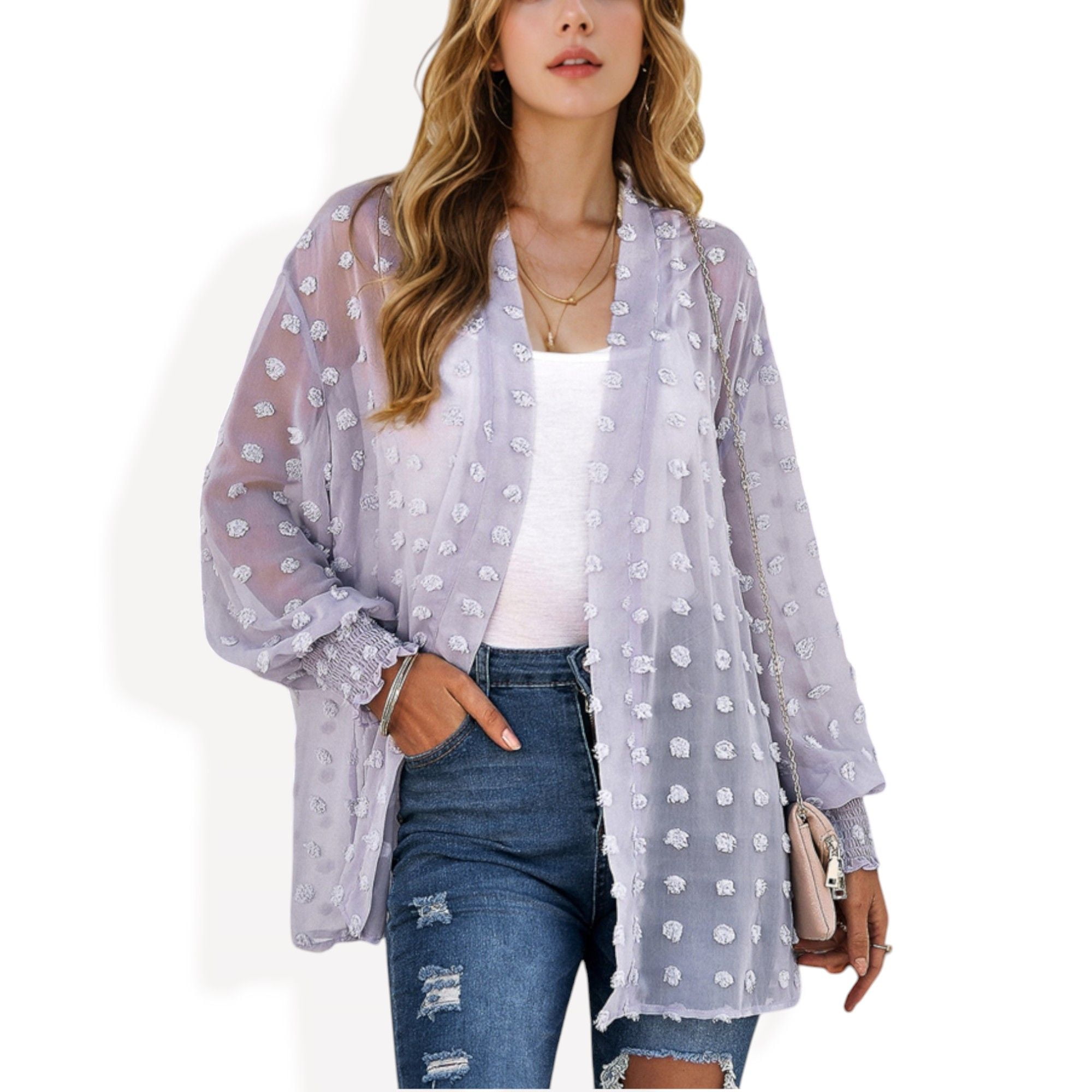 Women's Sheer Chiffon Duster with Textured Floral Design - Small, Light ...