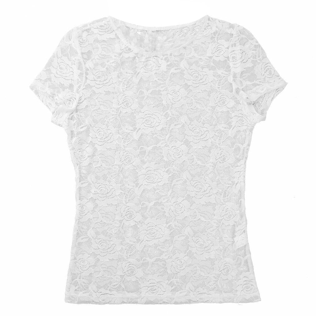 Womens Sheer Mesh Lace See Through Short Sleeve Crop Tops Casual T Shirt Plus Size Camouflage