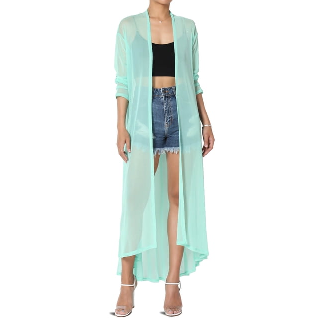 Women's Sheer Mesh Long Sleeve Open Front Maxi Cardigan Mid-Calf Caftan ...