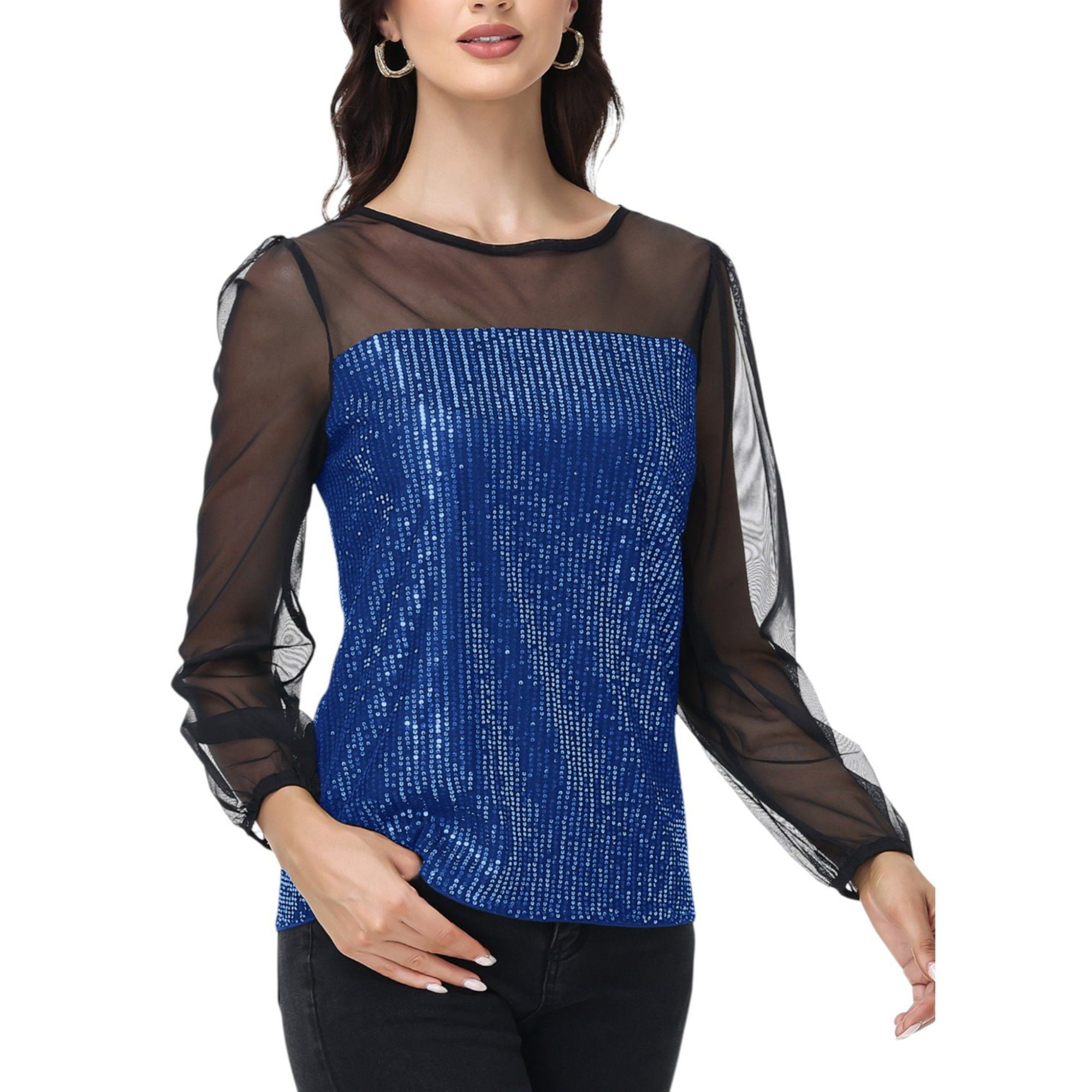 Women's Sheer Mesh Long Sleeve Top with Sequin Front Panel and Crew ...