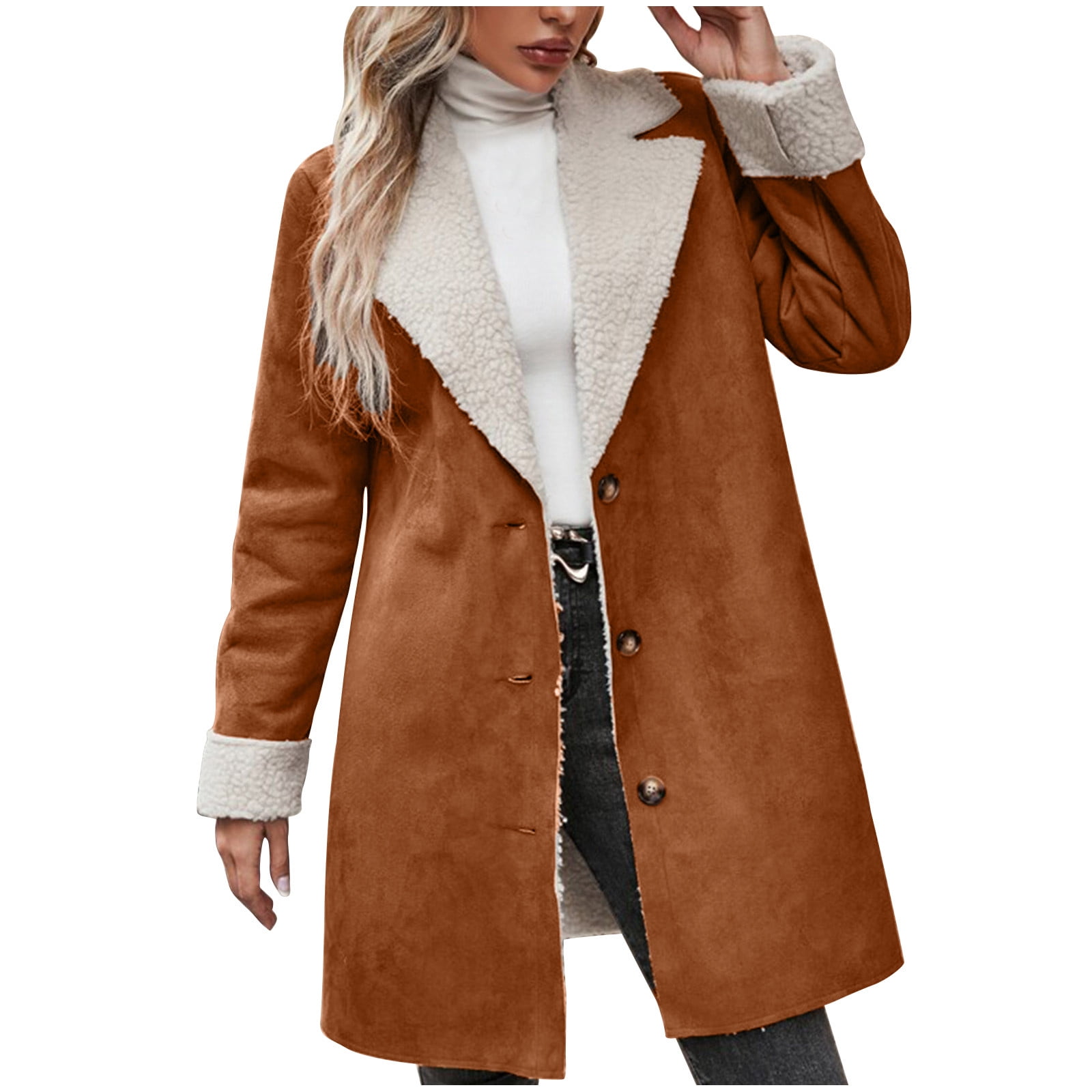 Women's Sherpa Fleece Lined Jacket Winter Warm Suede Coat Lapel Button Down Outerwear with ...