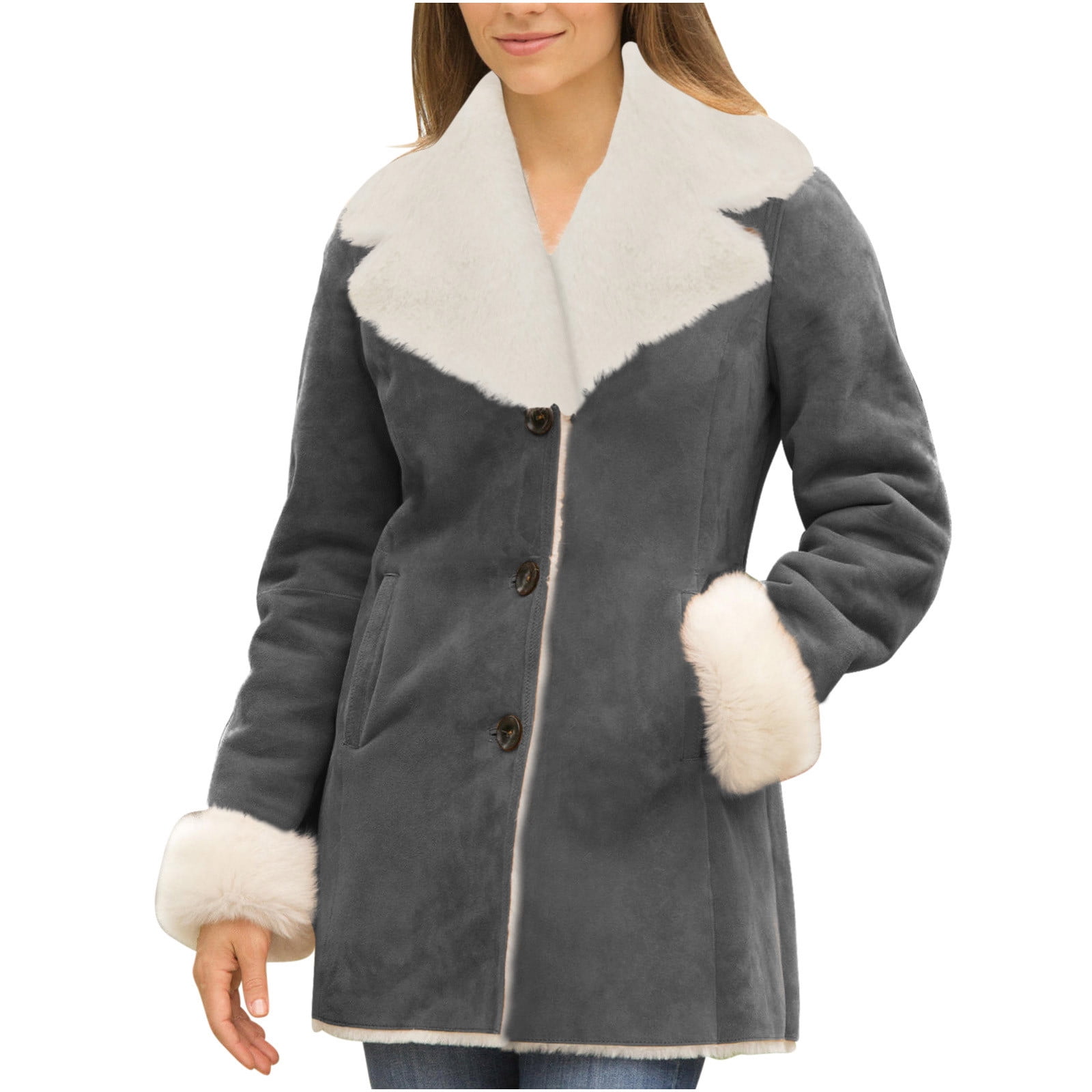 Women's Sherpa Fleece Lined Jacket Winter Warm Suede Coat Thicken Lapel Overcoat Button ...