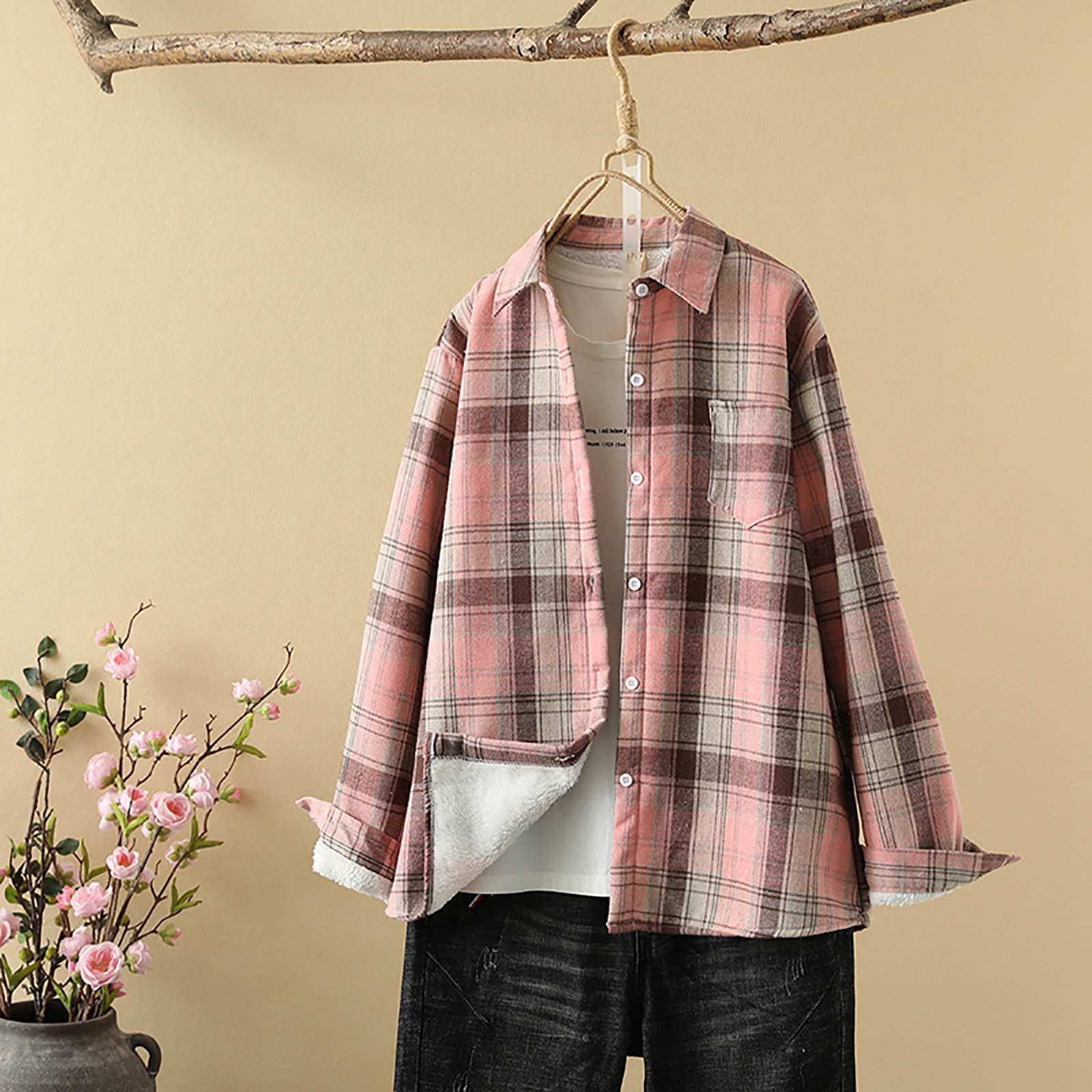 Women's Sherpa Fleece Lined Shacket 2023 New Lapel Long Sleeve Button ...