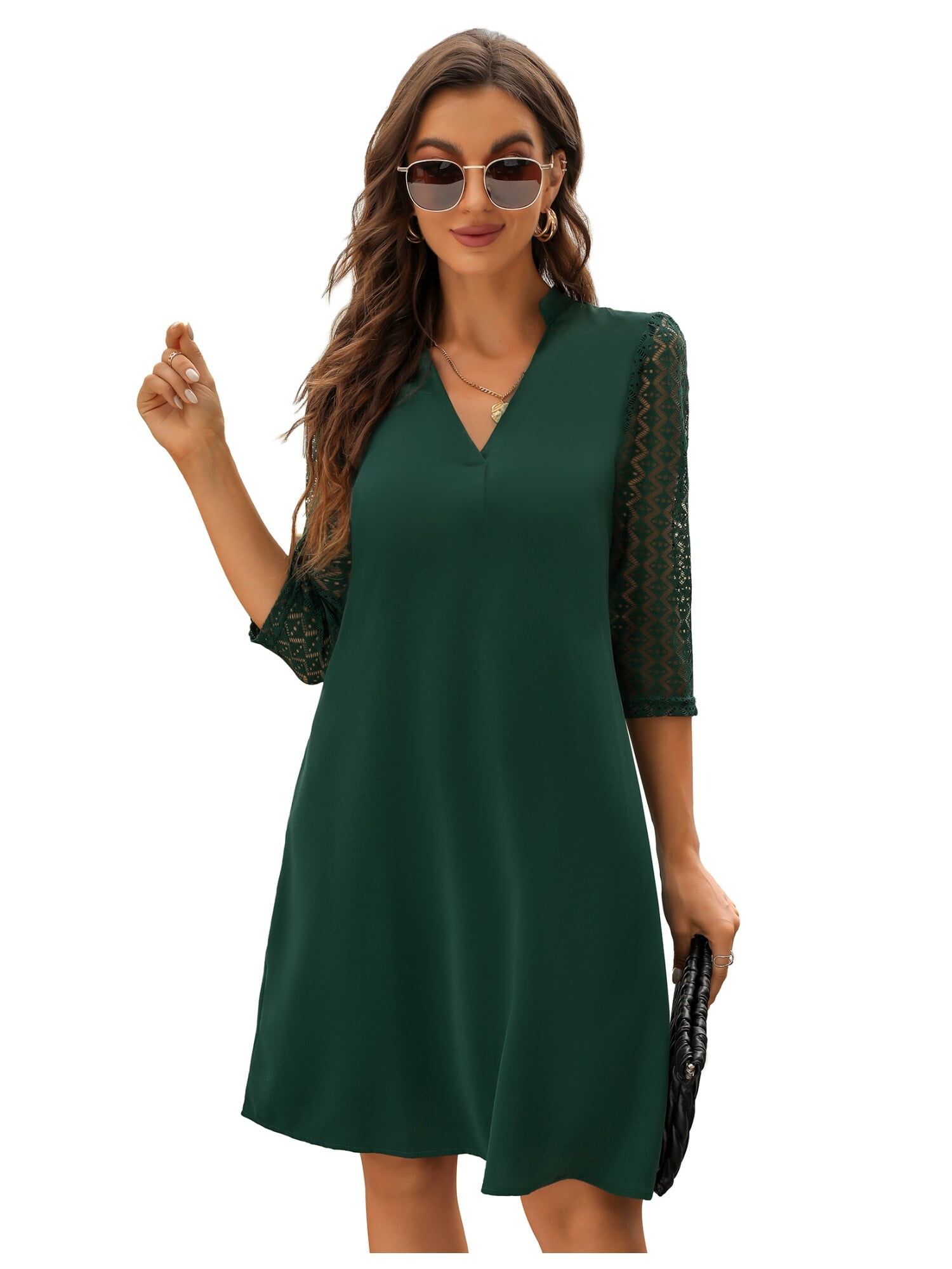 Women's Shift Dress Lace 3/4 Sleeve Tunic Dress V Neck Casual Work ...