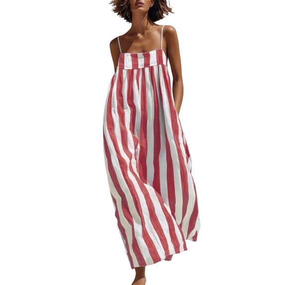 Women's Shift Dress Square Neck Back Bow Striped Maxi Dress Breathable ...