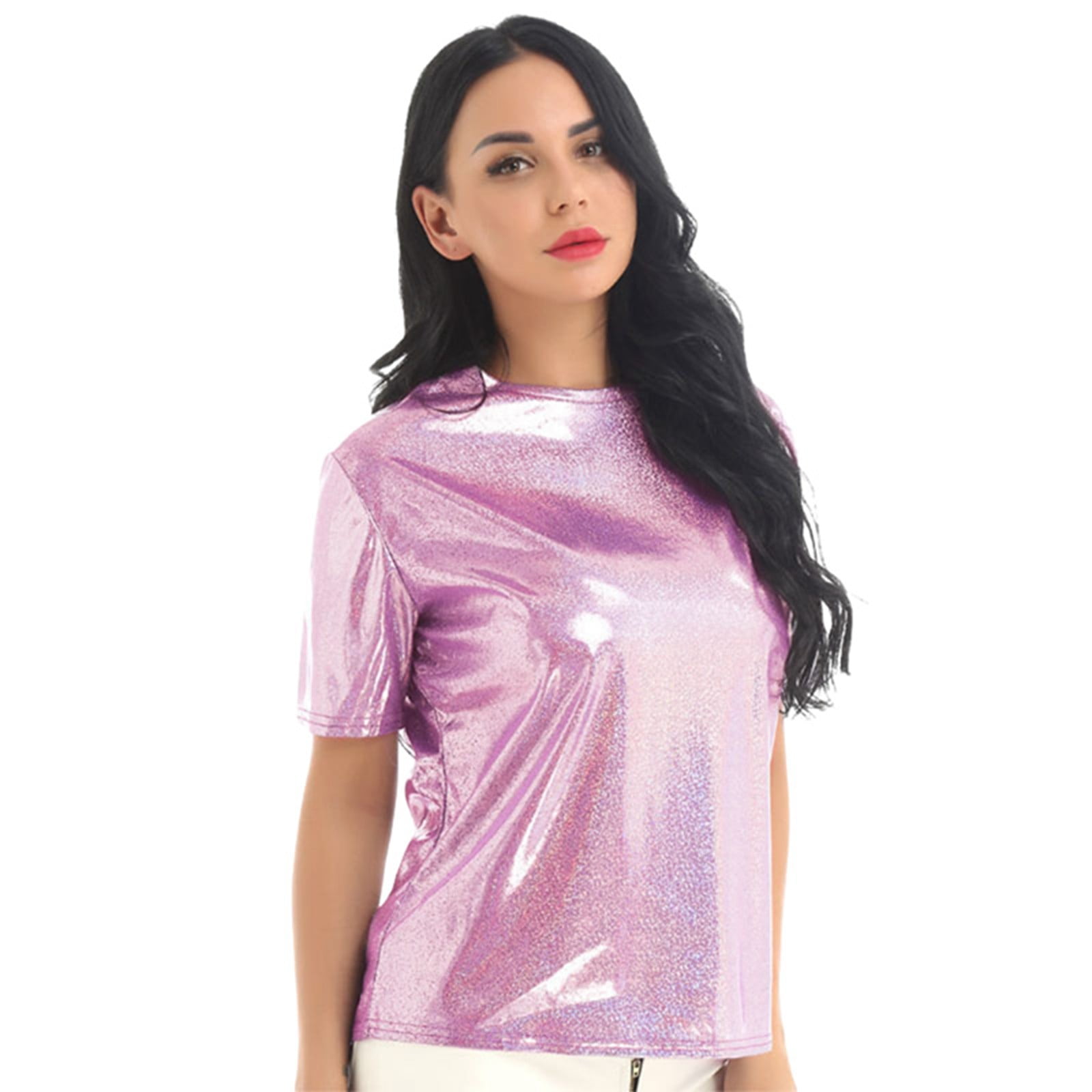 Women's Shiny Glossy Solid Color Turtleneck Short Sleeve Tee Shirt Top ...