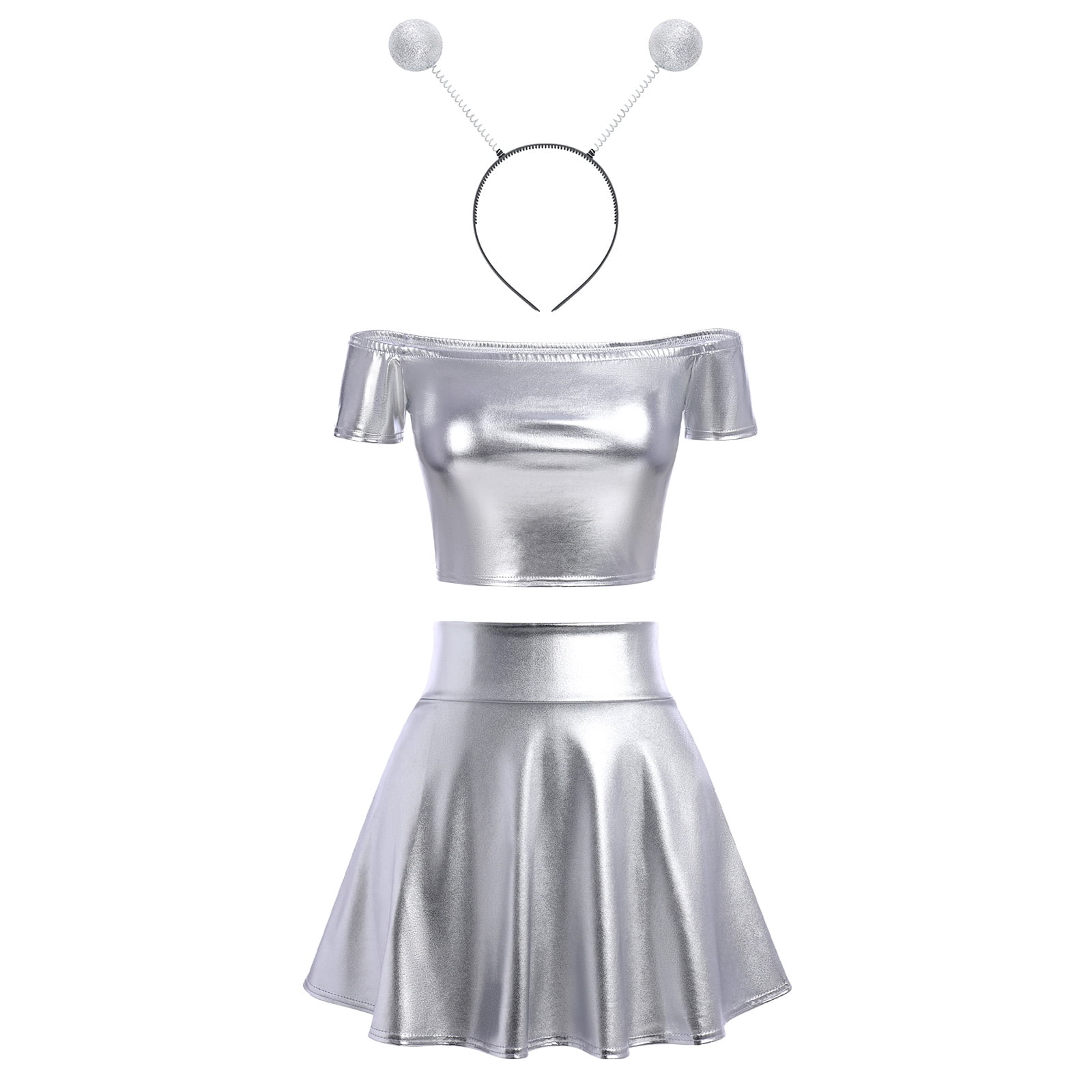 Women's 3Piece Metallic Outfit Shiny Crop Top + Silver Flared Skirt ...