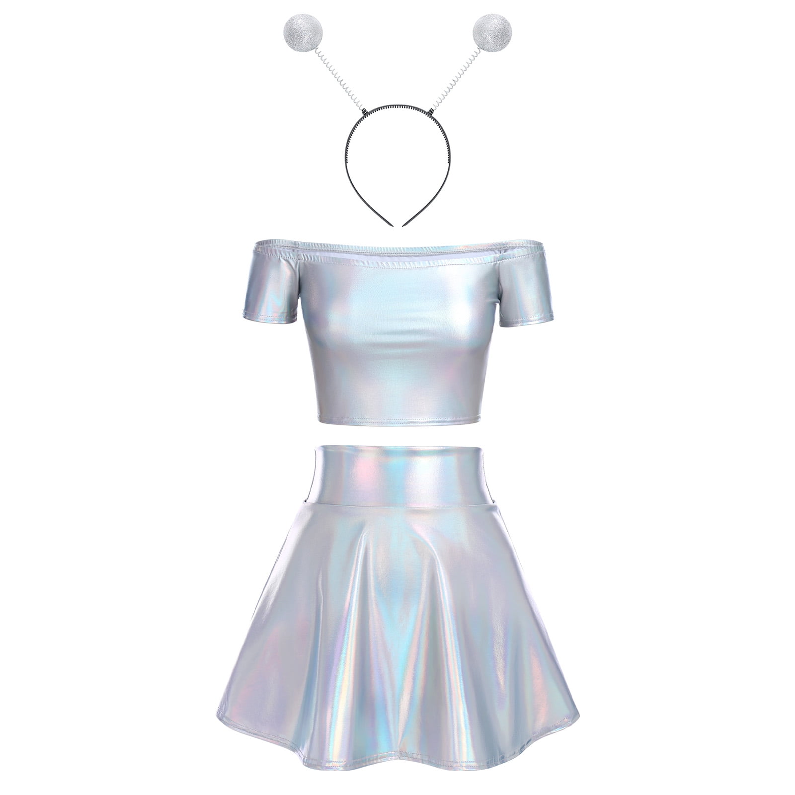 Women's 3Piece Metallic Outfit Shiny Crop Top + Silver Flared Skirt ...