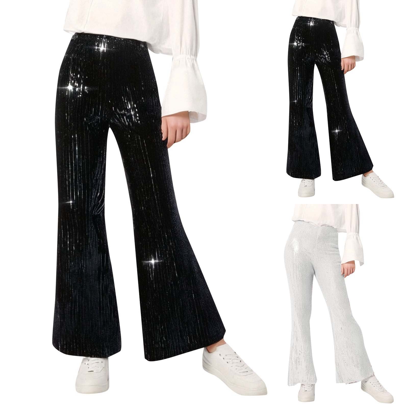 Women's Shiny Metallic Rave Pants Elastic High Waist Wide Leg Trousers ...