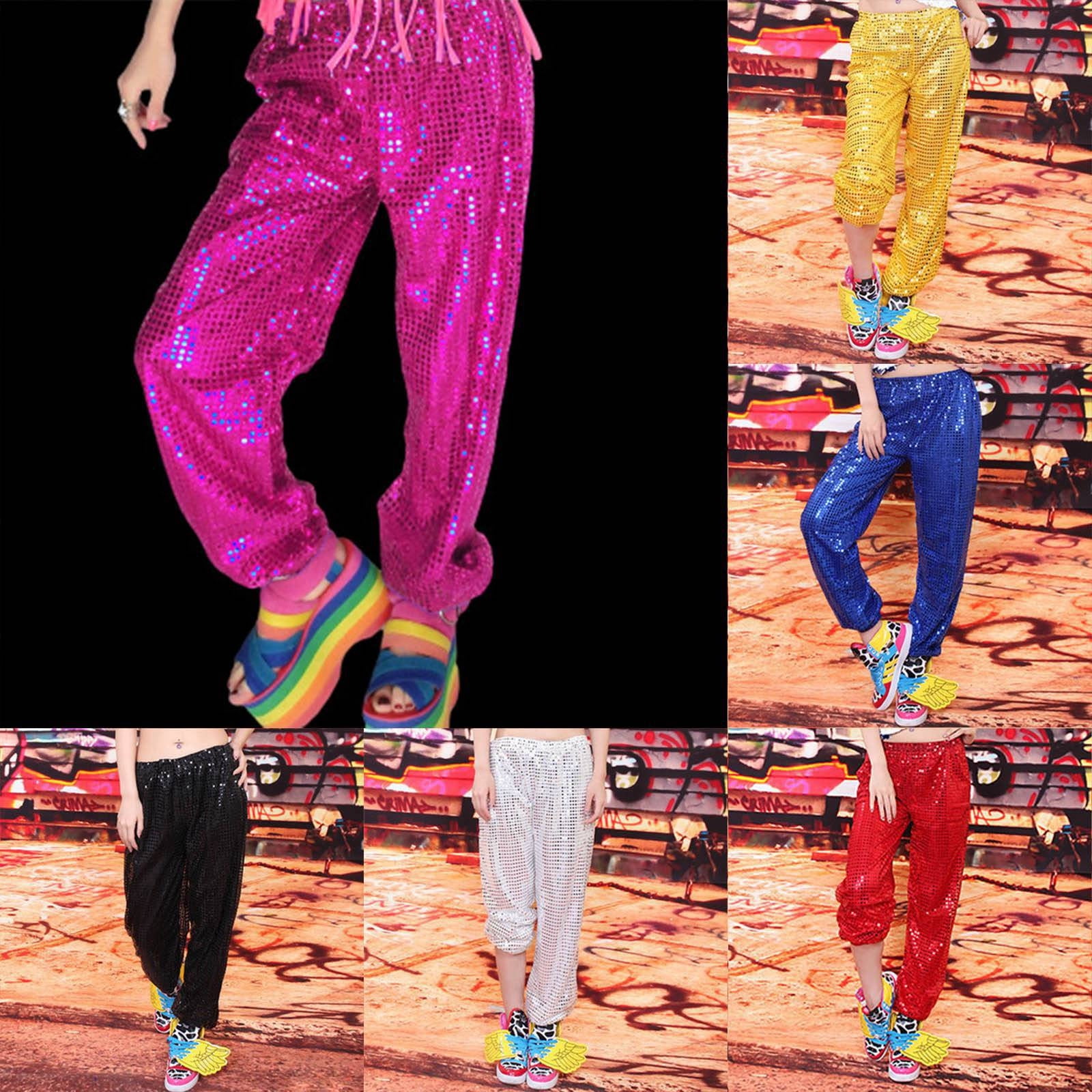 Women's Shiny Metallic Rave Pants Elastic High Waist Wide Leg Trousers ...