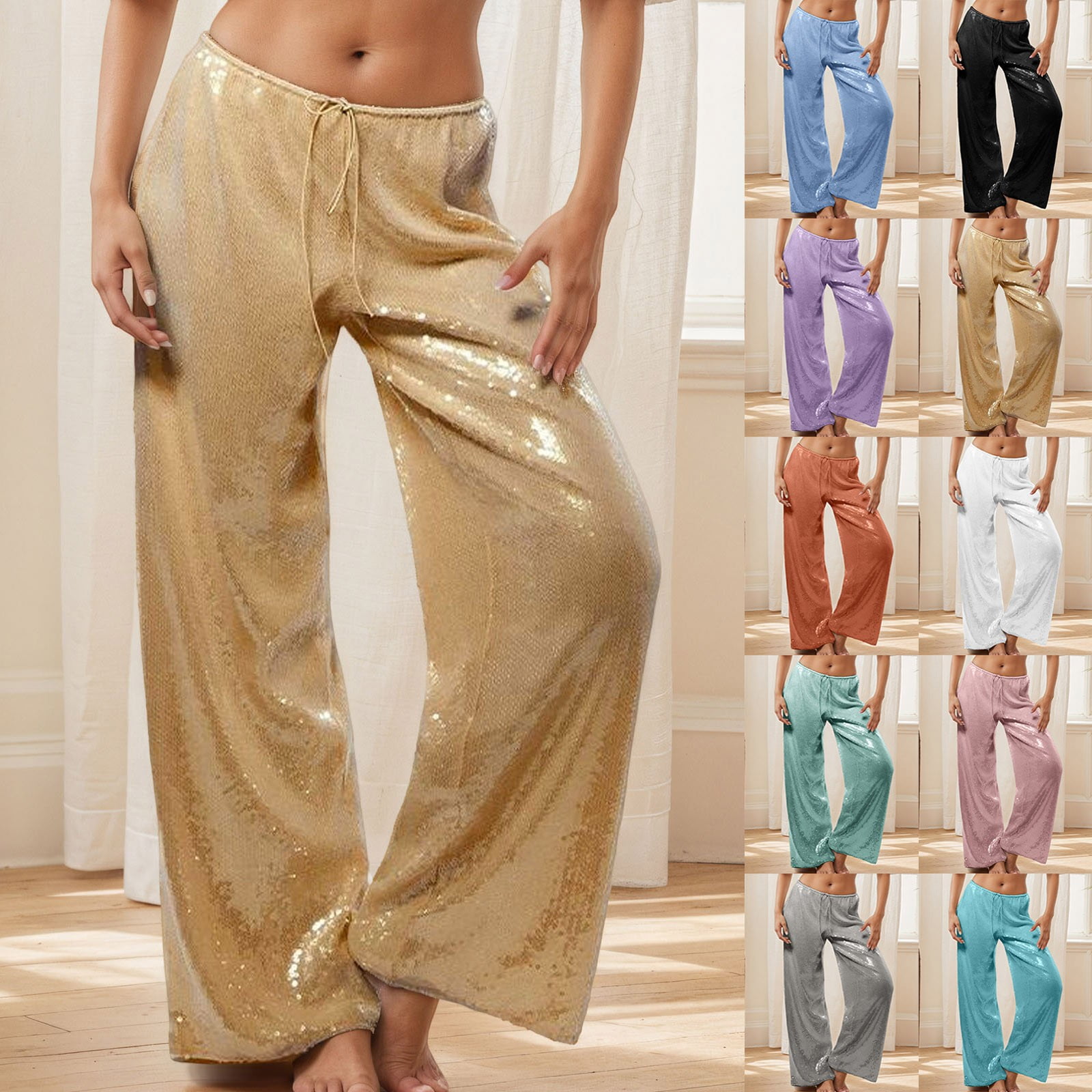 Women's Shiny Metallic Rave Pants Elastic High Waist Wide Leg Trousers ...