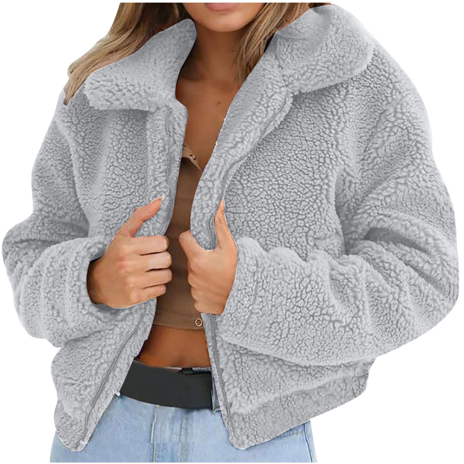 Women's Short Fuzzy Fleece Coat Casual Sherpa Shaggy Cropped Jacket ...