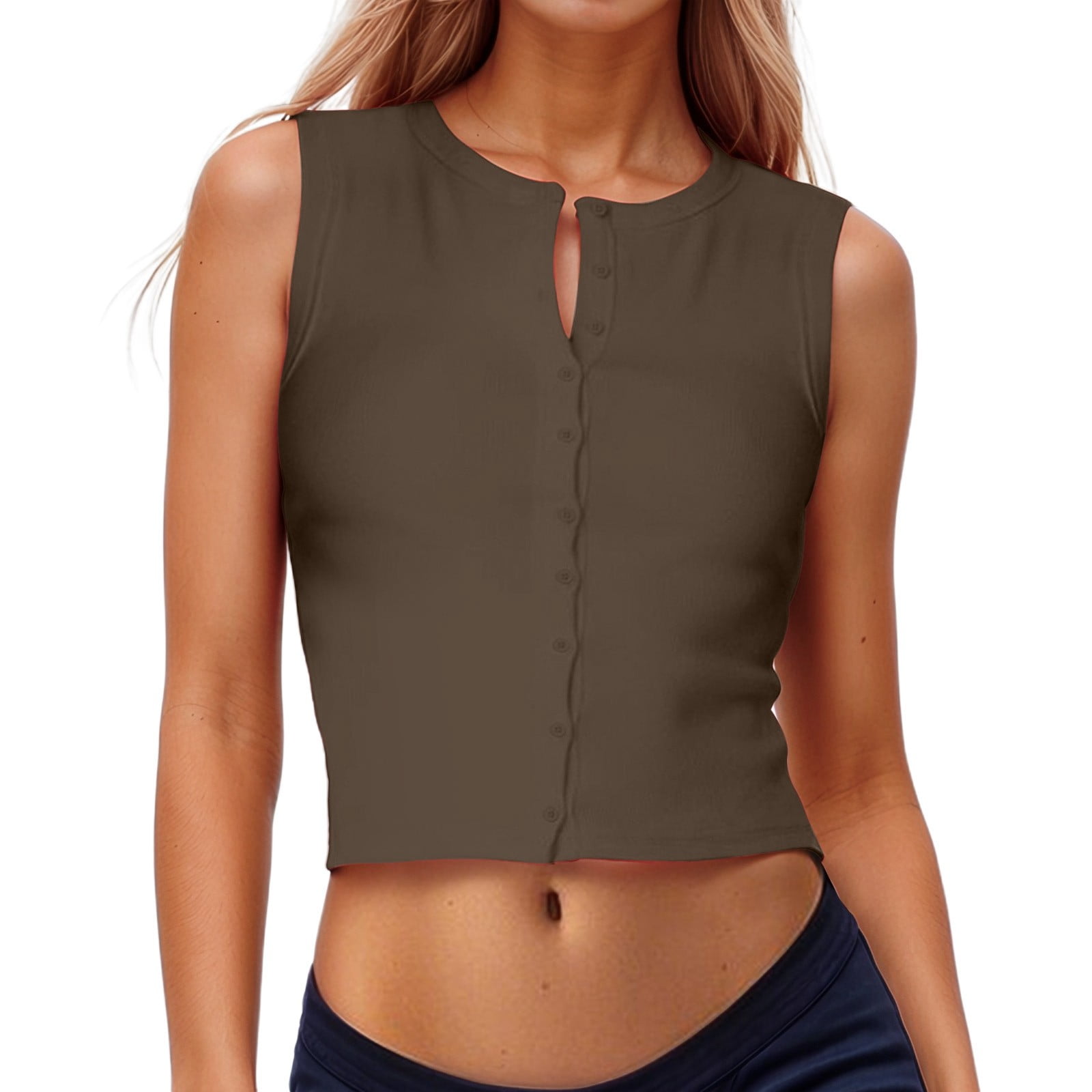 Women's Short Length Fitted Ribbed Sleeveless Button - Up Vest Top ...
