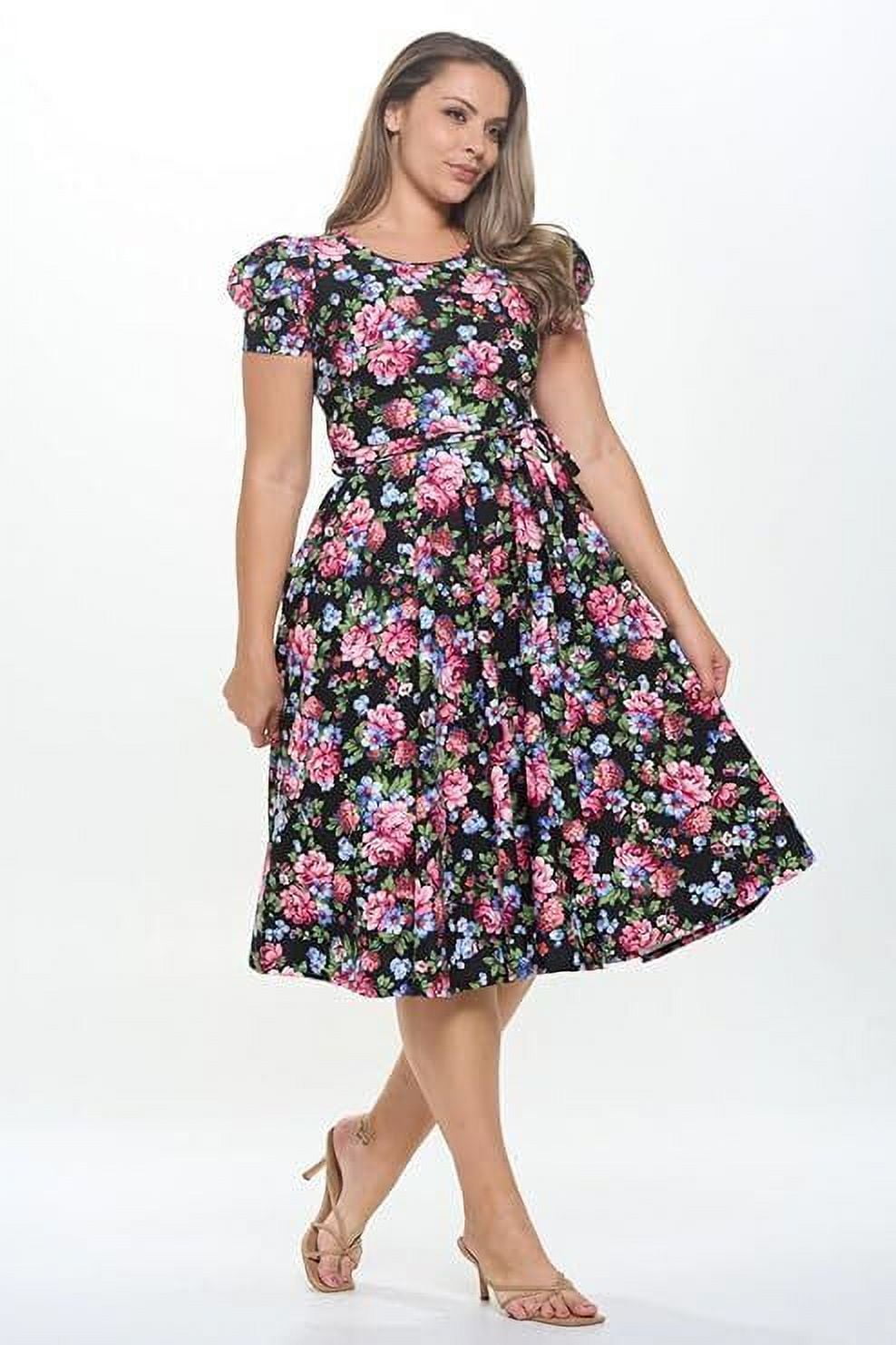 Women's Short Puff Sleeve Midi Floral Cocktail Flare Tea Party, Formal ...