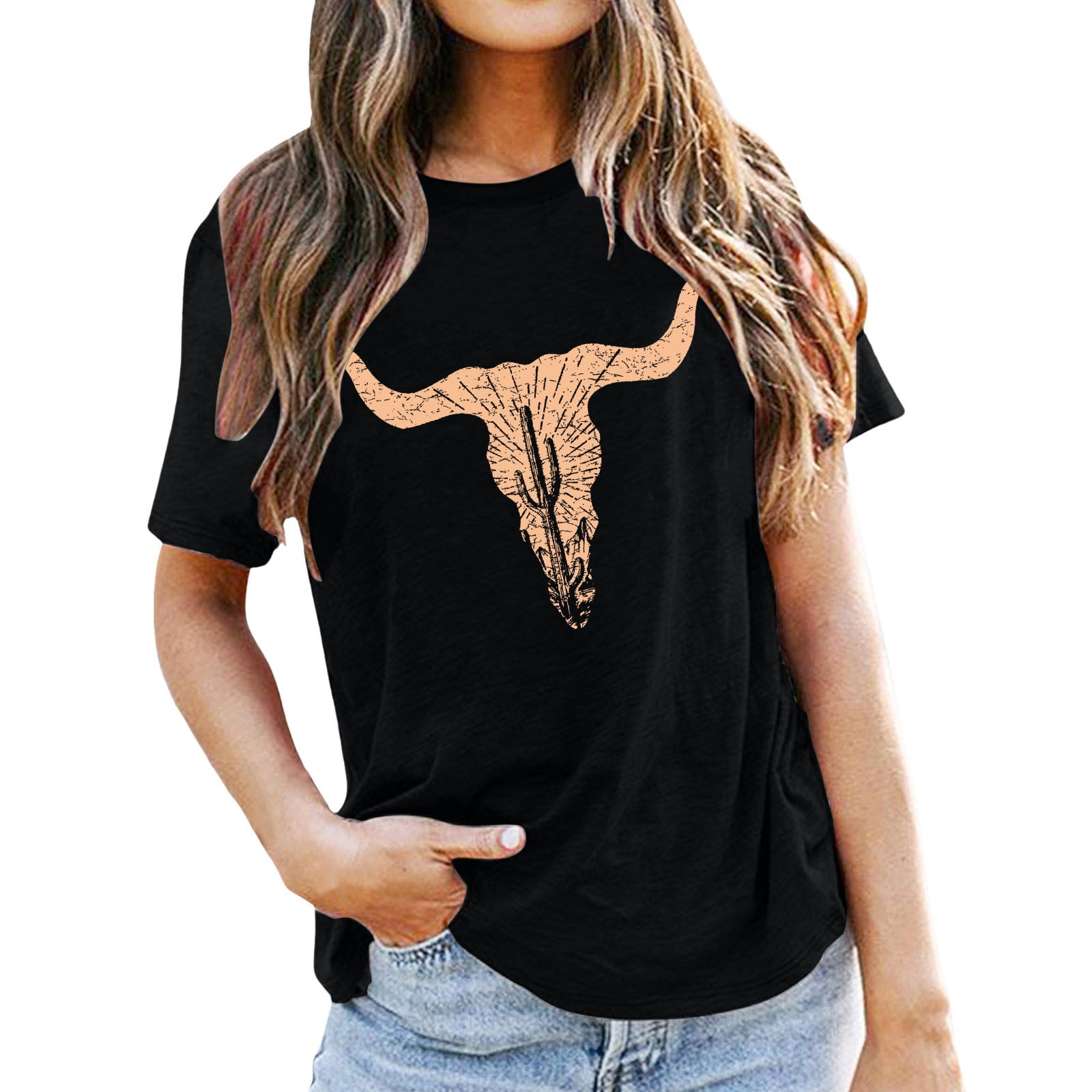 Women's Short SLeeve Shirts Crew Neck Loose Fit Cow Skull Bull Horn ...