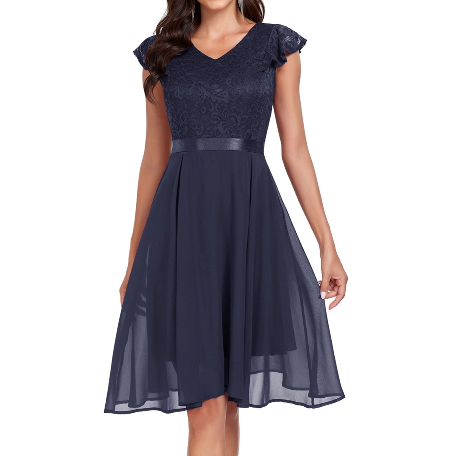 Women's Short Sleeve Bridal Friend Dress For Wedding Lace Chiffon Mid ...