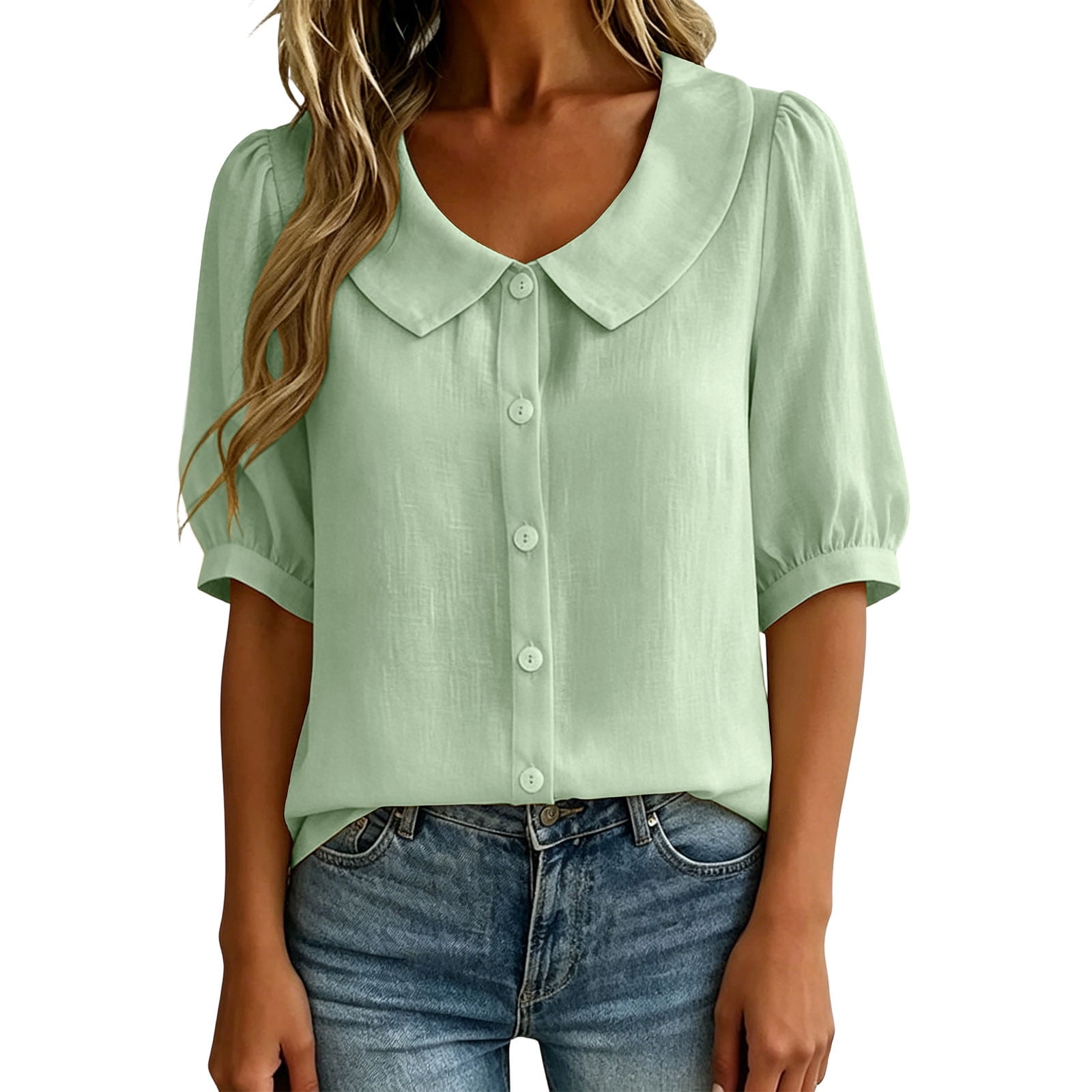 Women's Short Sleeve Cotton Button Down Blouse Loose Fit Solid Color ...
