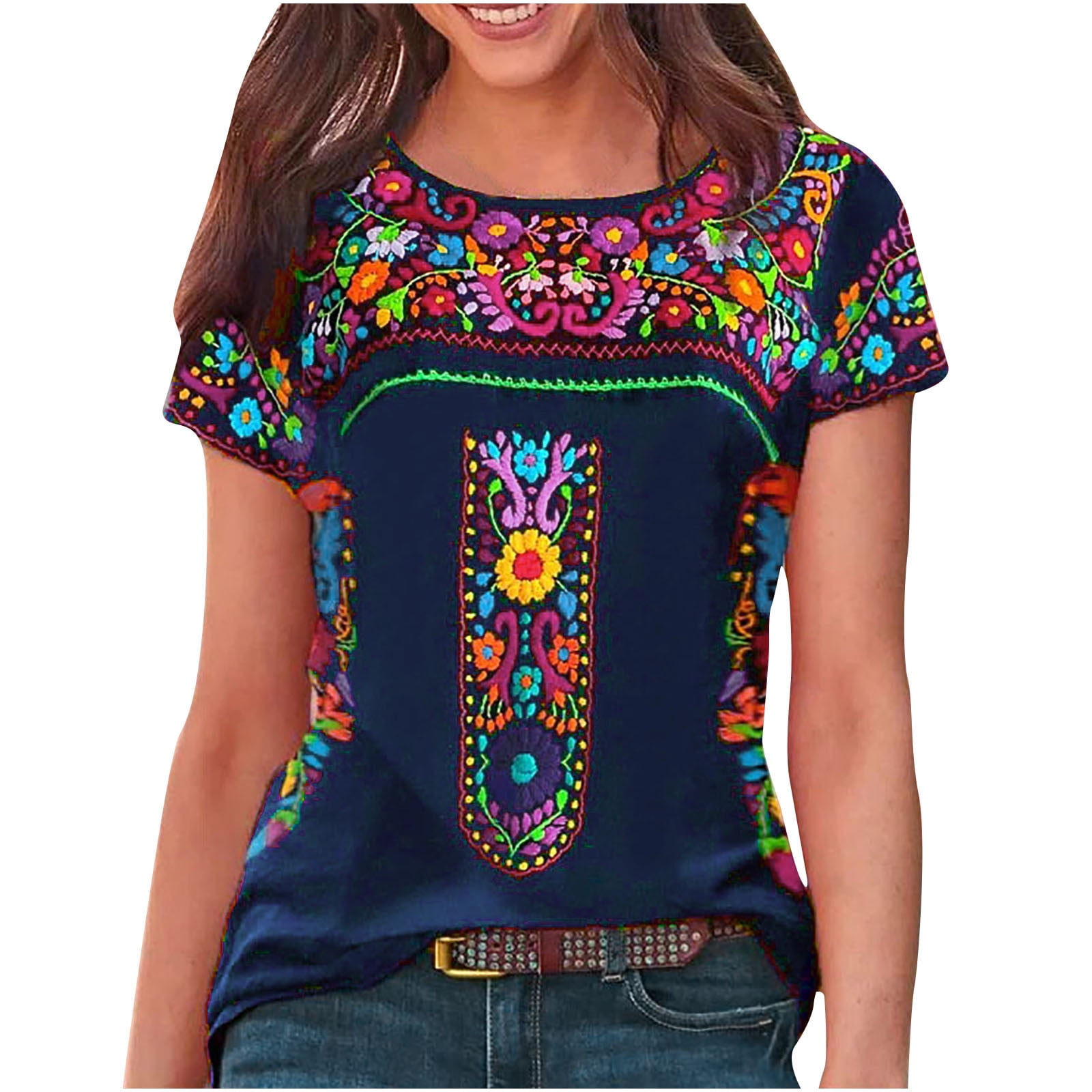 Women's Short Sleeve Crew Neck Floral Embroidered Blouse Mexican T ...