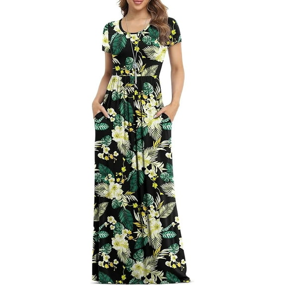 Women's Short Sleeve Loose Plain Maxi Dresses Casual Long Dresses with ...