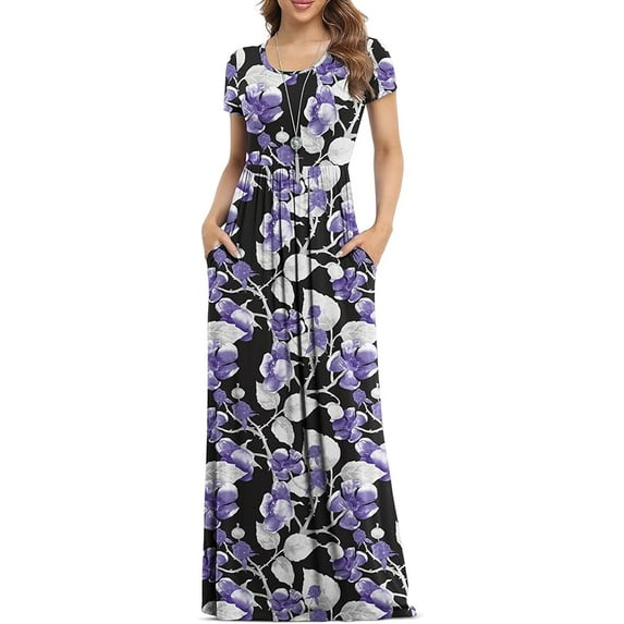 Women's Short Sleeve Loose Plain Maxi Dresses Casual Long Dresses with ...