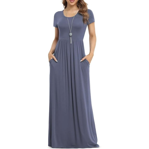 Women's Short Sleeve Loose Plain Maxi Dresses Casual Long Dresses with ...